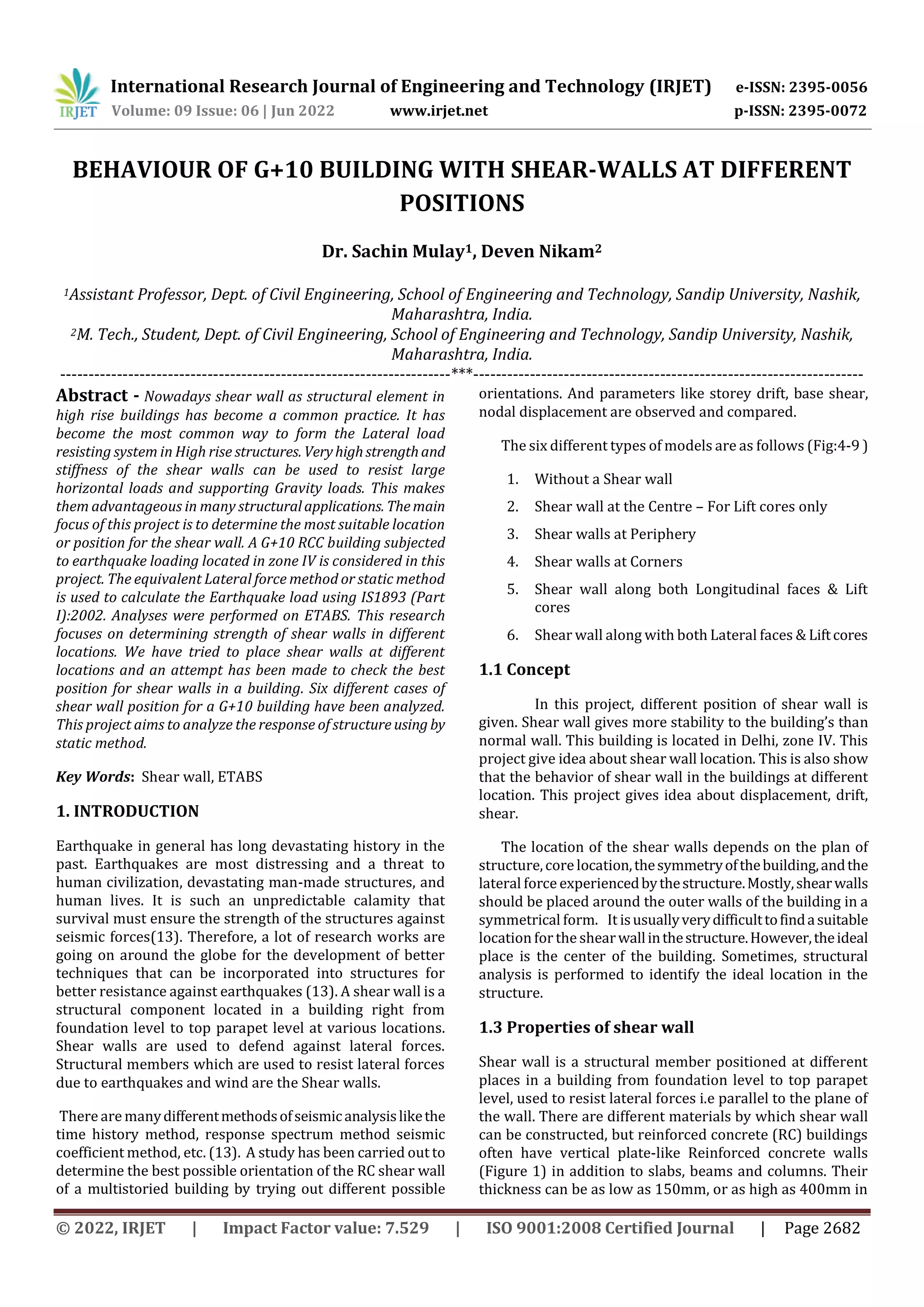 BEHAVIOUR OF G+10 BUILDING WITH SHEAR-WALLS AT DIFFERENT POSITIONS | PDF