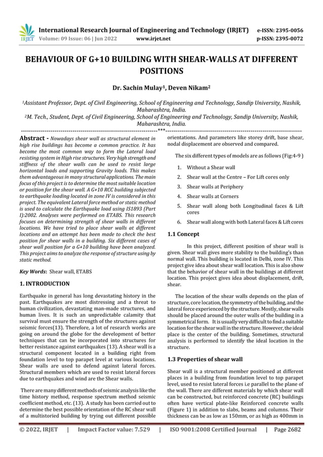BEHAVIOUR OF G+10 BUILDING WITH SHEAR-WALLS AT DIFFERENT POSITIONS | PDF