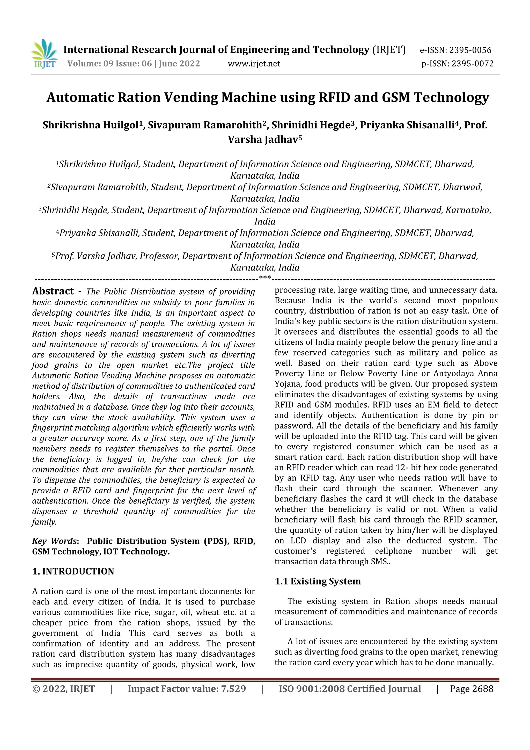 Automatic Ration Vending Machine using RFID and GSM Technology | PDF