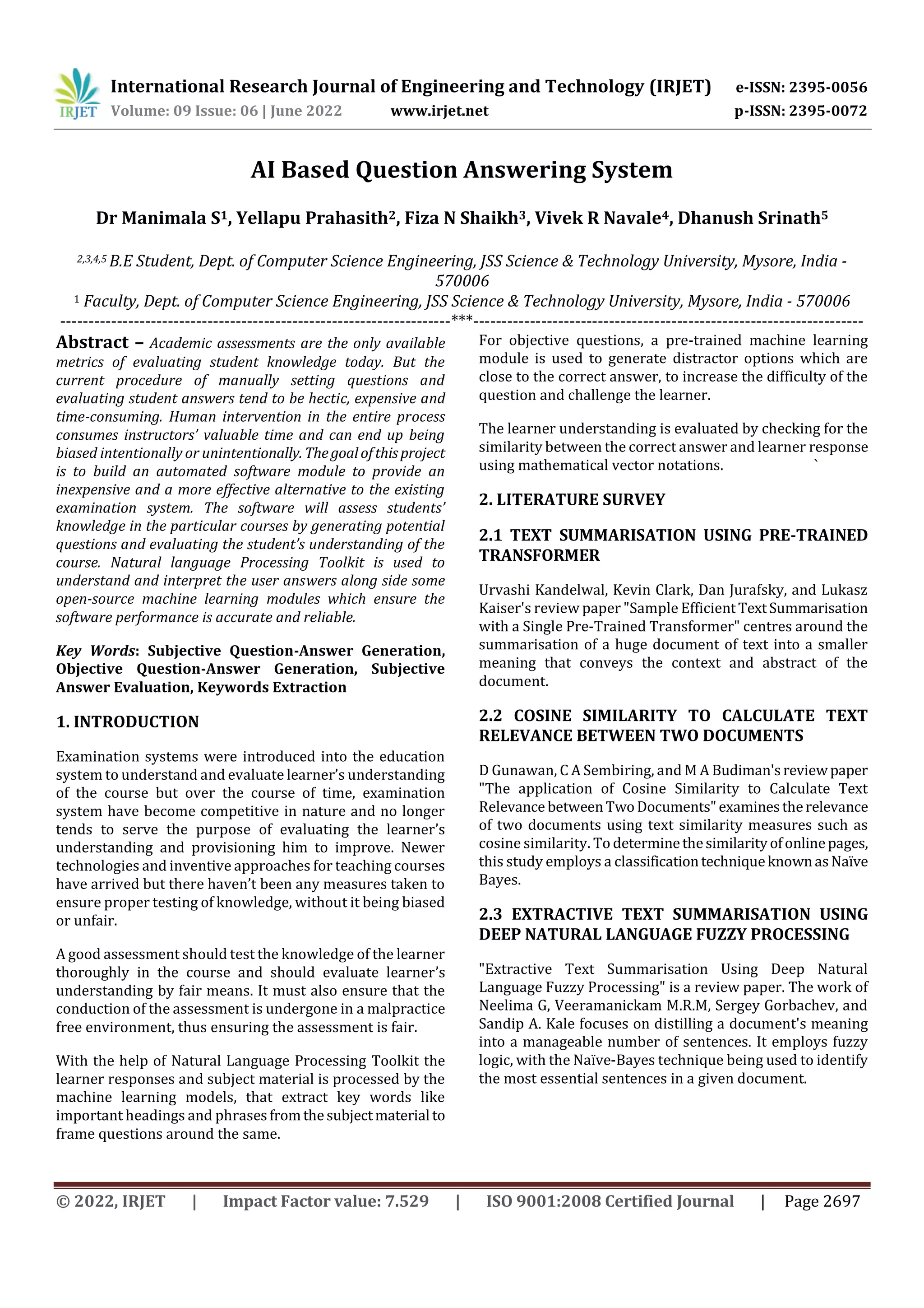 AI Based Question Answering System | PDF