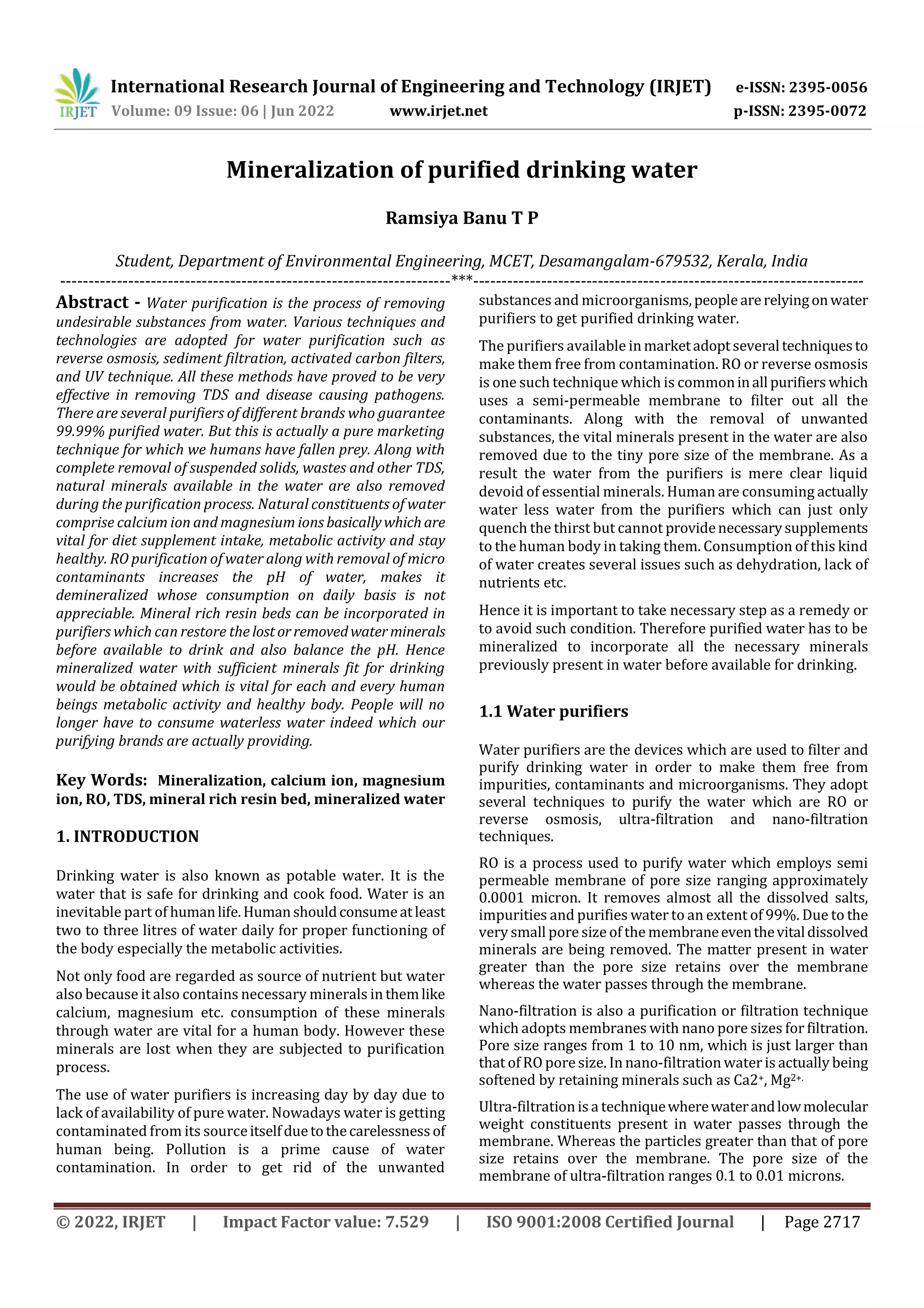 Mineralization of purified drinking water | PDF