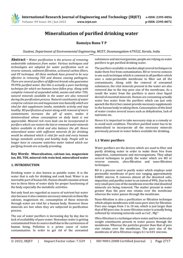 Mineralization of purified drinking water | PDF