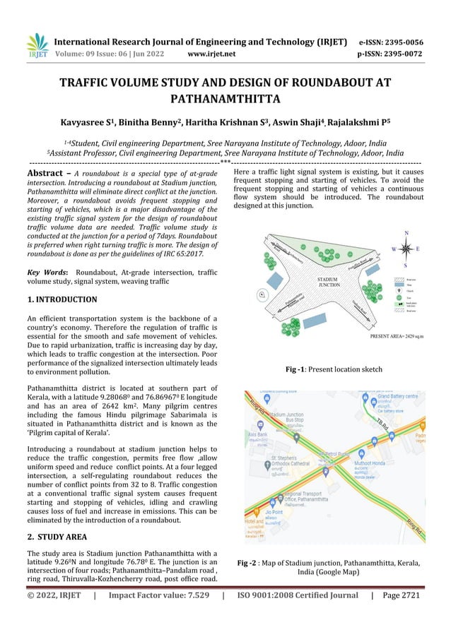 TRAFFIC VOLUME STUDY AND DESIGN OF ROUNDABOUT AT PATHANAMTHITTA | PDF ...