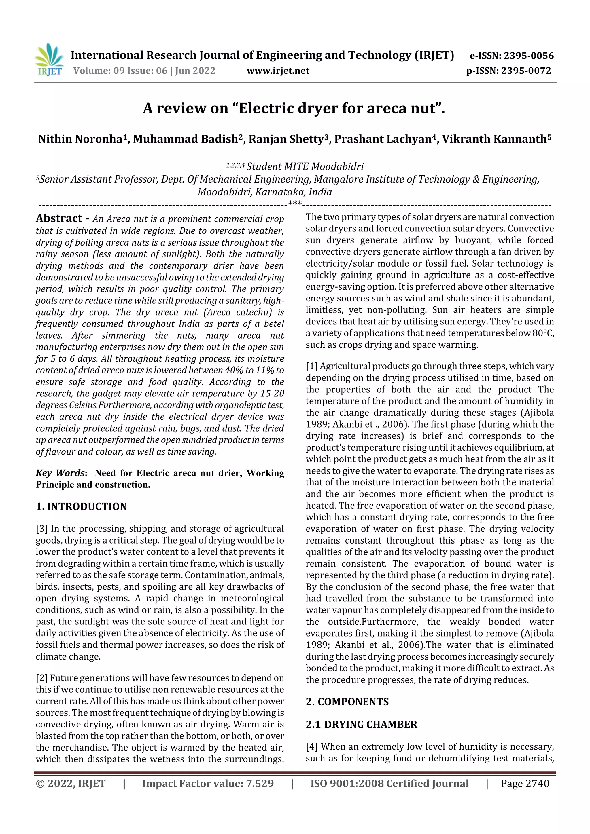 A review on “Electric dryer for areca nut”. | PDF