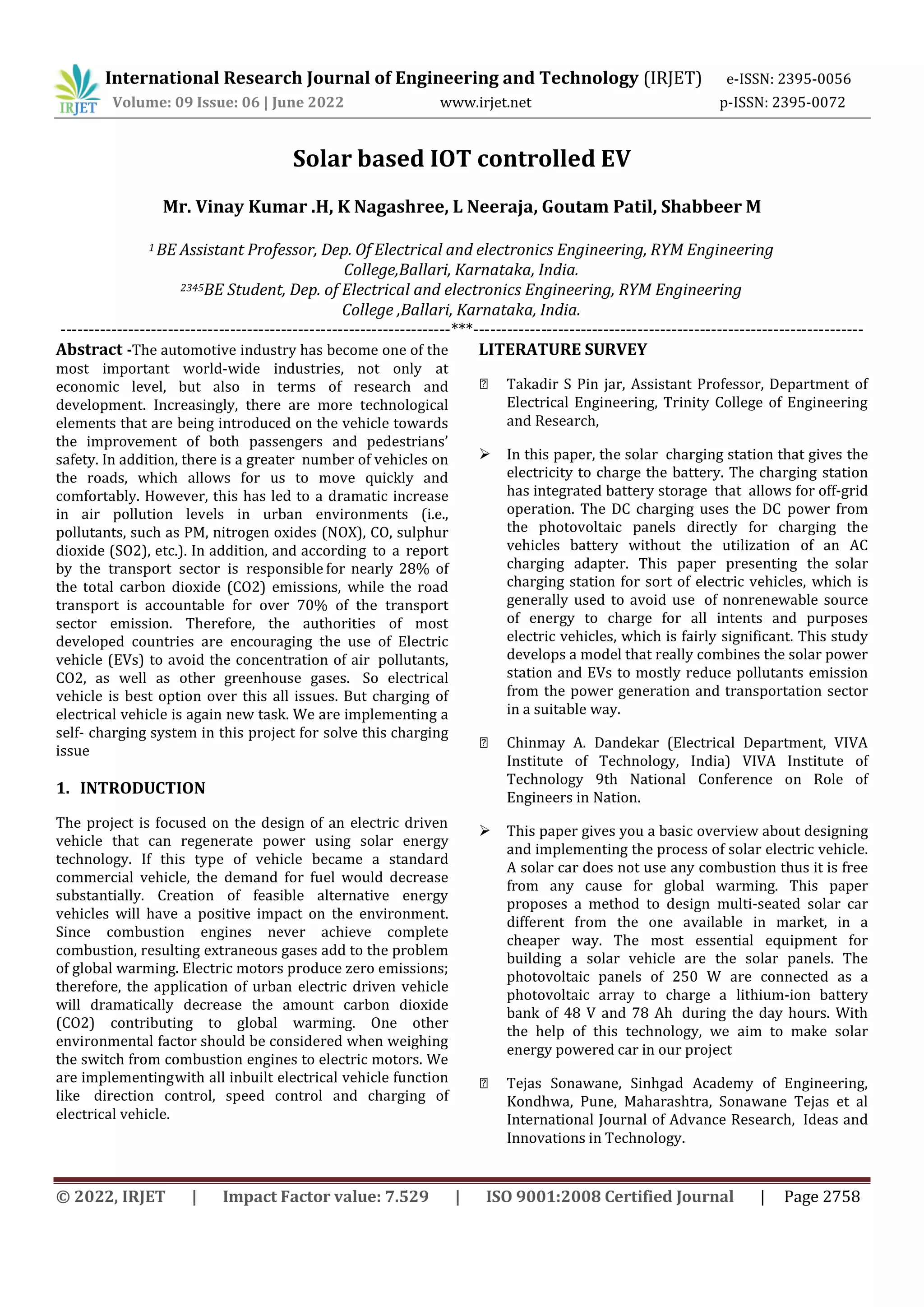 Solar based IOT controlled EV | PDF