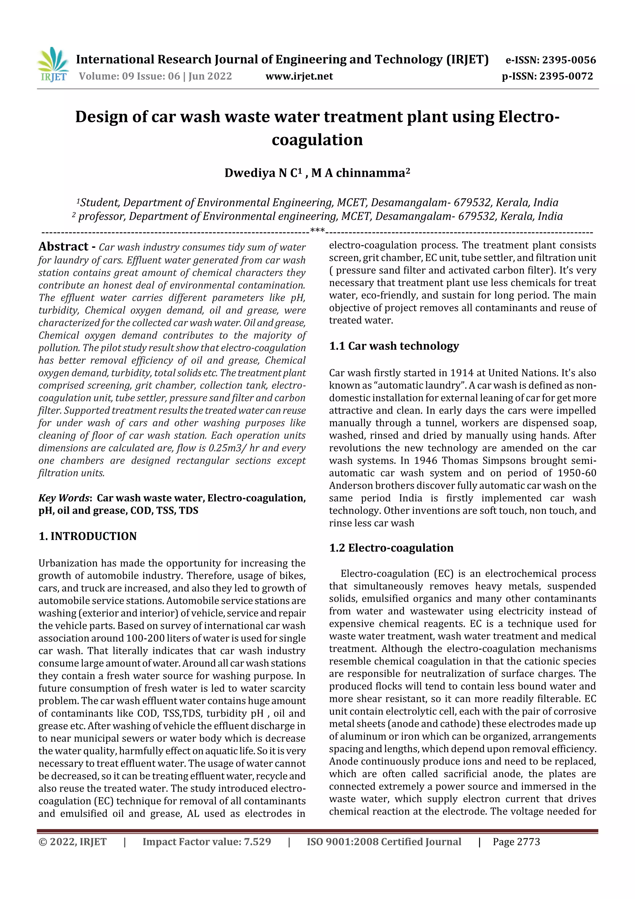 Design of car wash waste water treatment plant using Electro ...