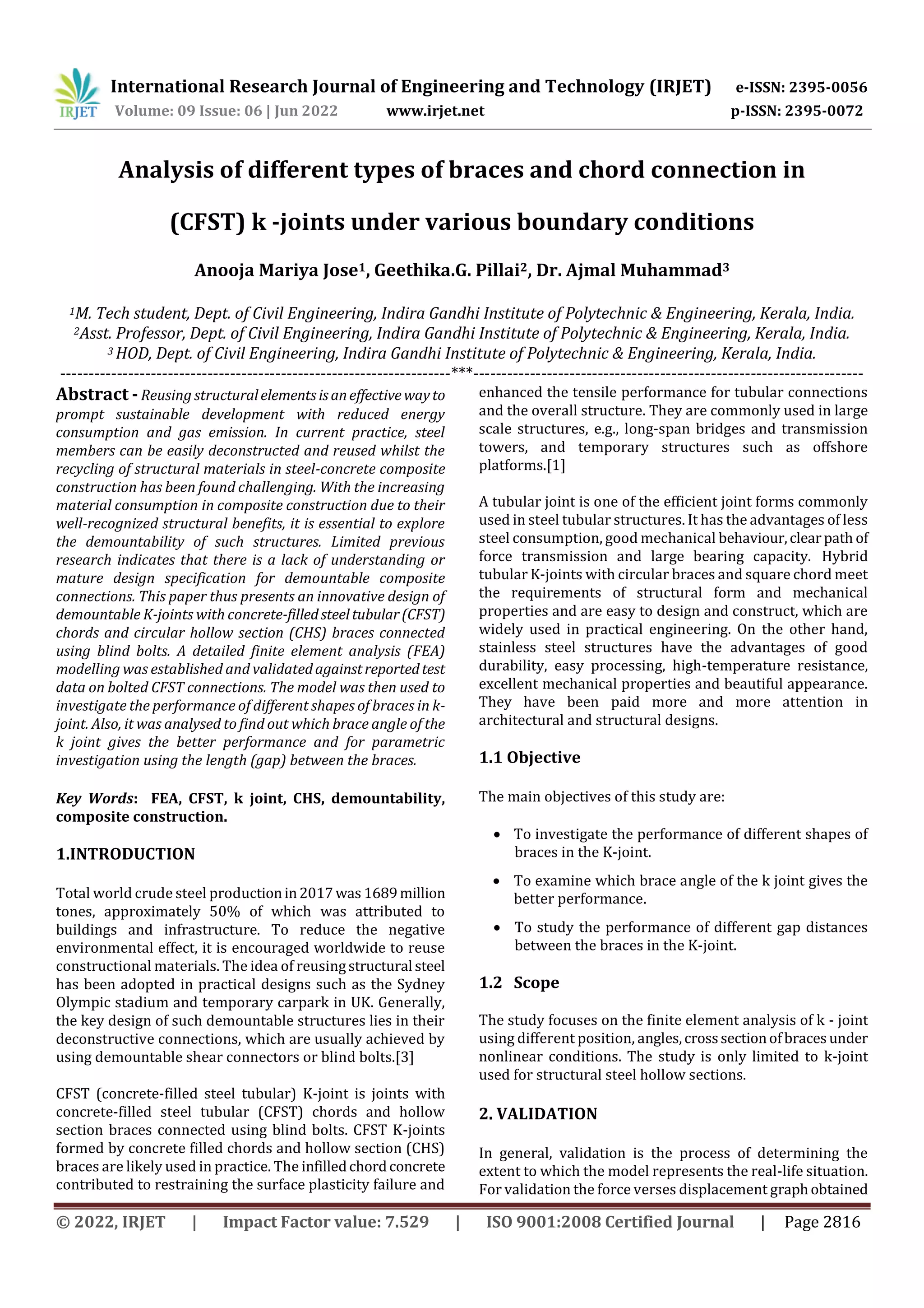 Analysis of different types of braces and chord connection in (CFST) k ...