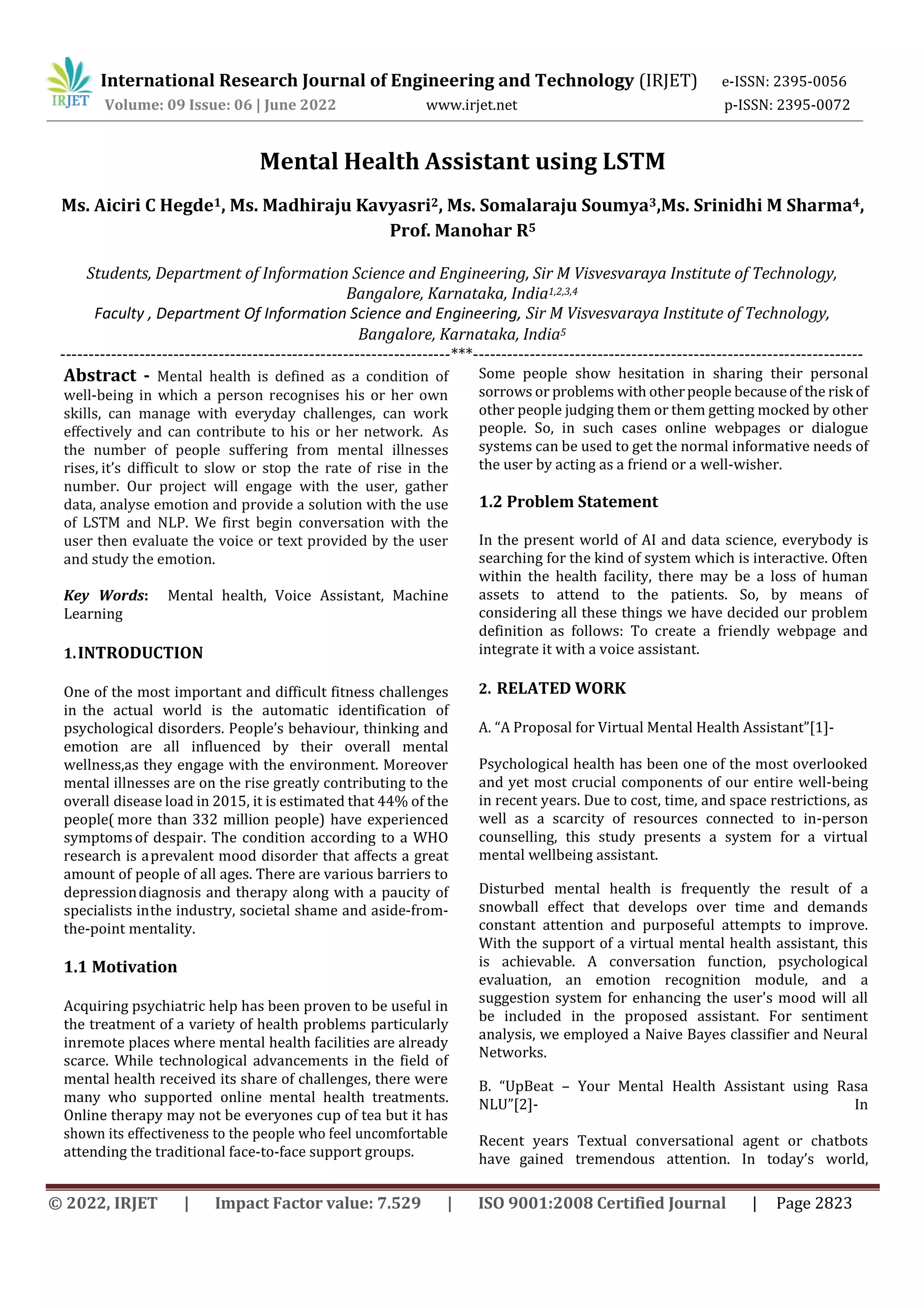 Mental Health Assistant using LSTM | PDF | Mental Health | Diseases and ...