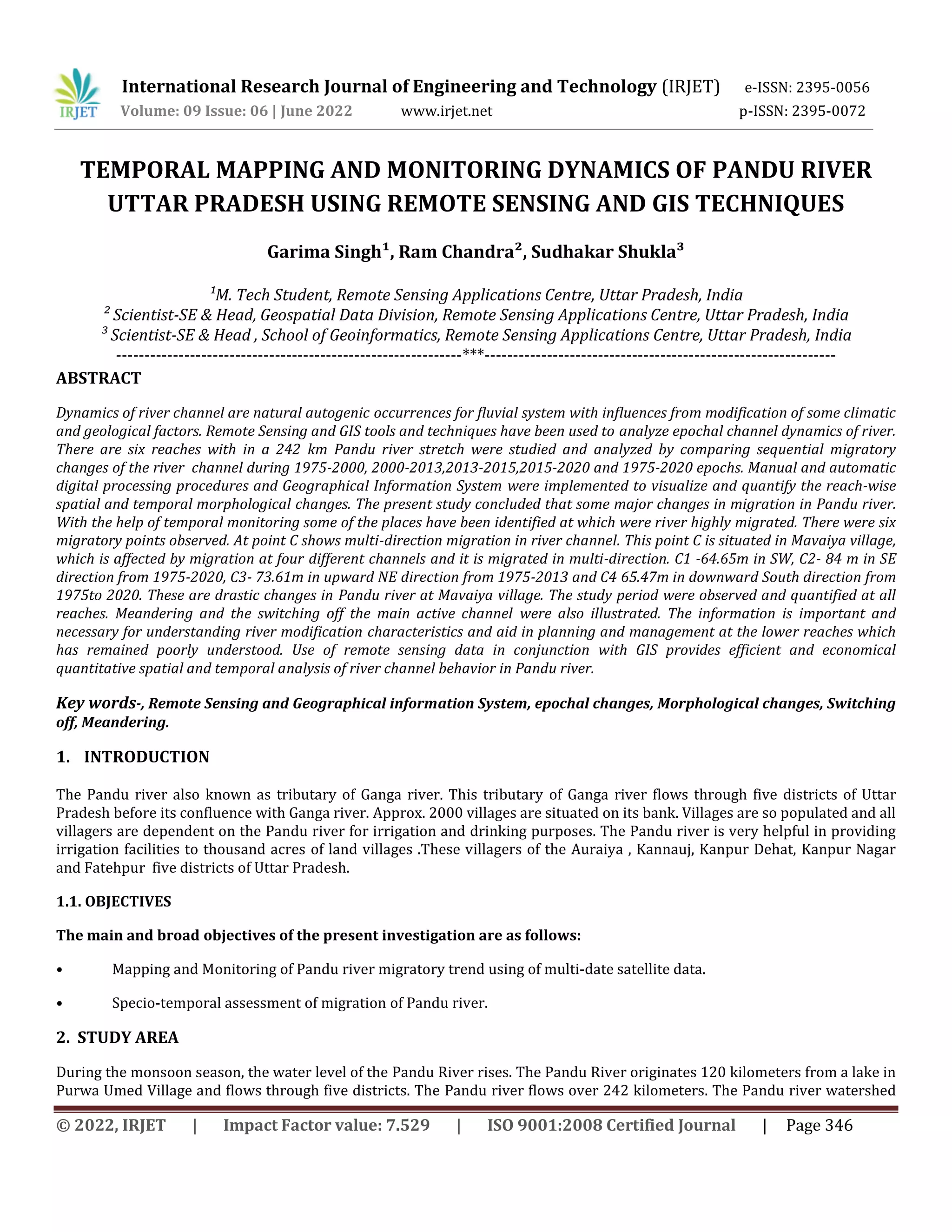 TEMPORAL MAPPING AND MONITORING DYNAMICS OF PANDU RIVER UTTAR PRADESH USING REMOTE SENSING AND ...