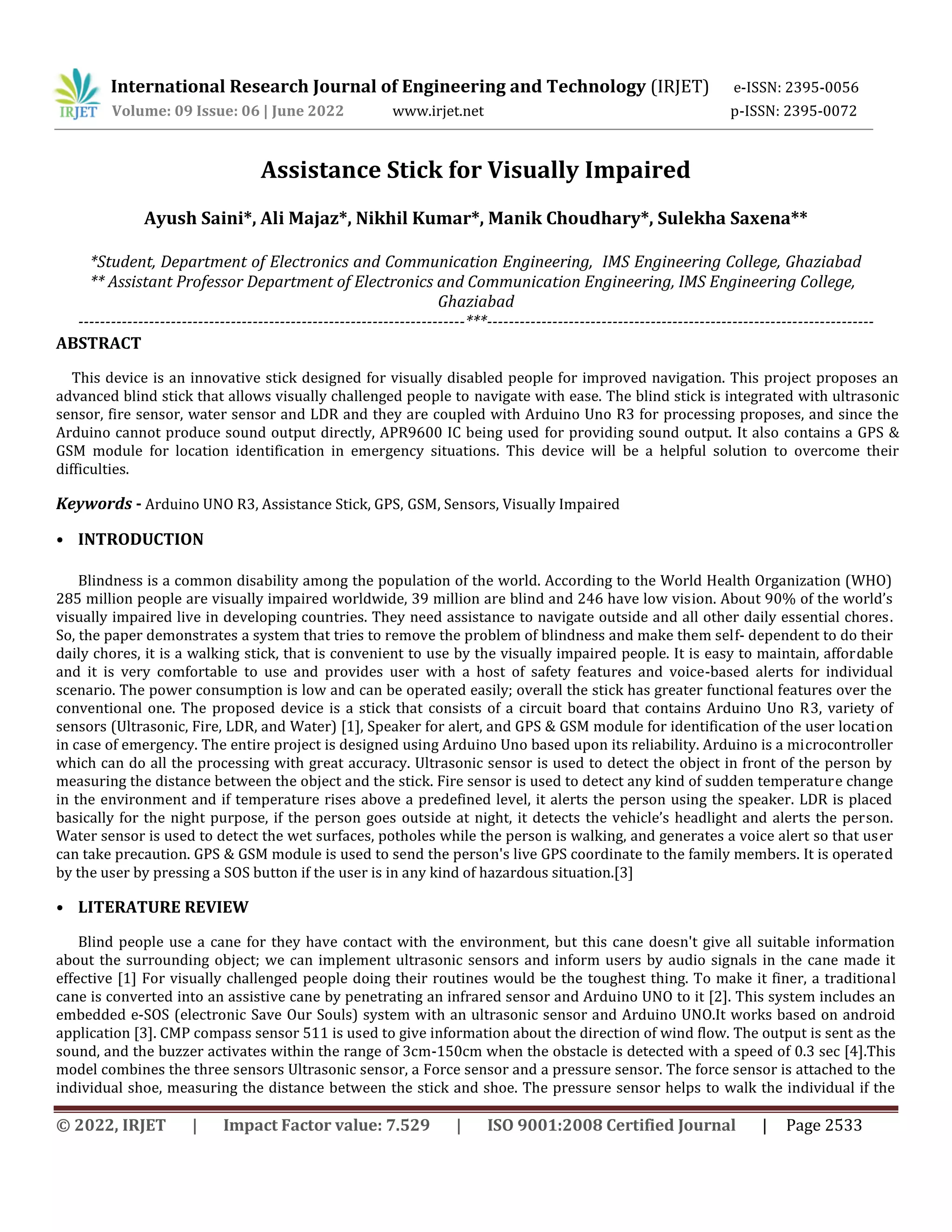 Assistance Stick for Visually Impaired | PDF