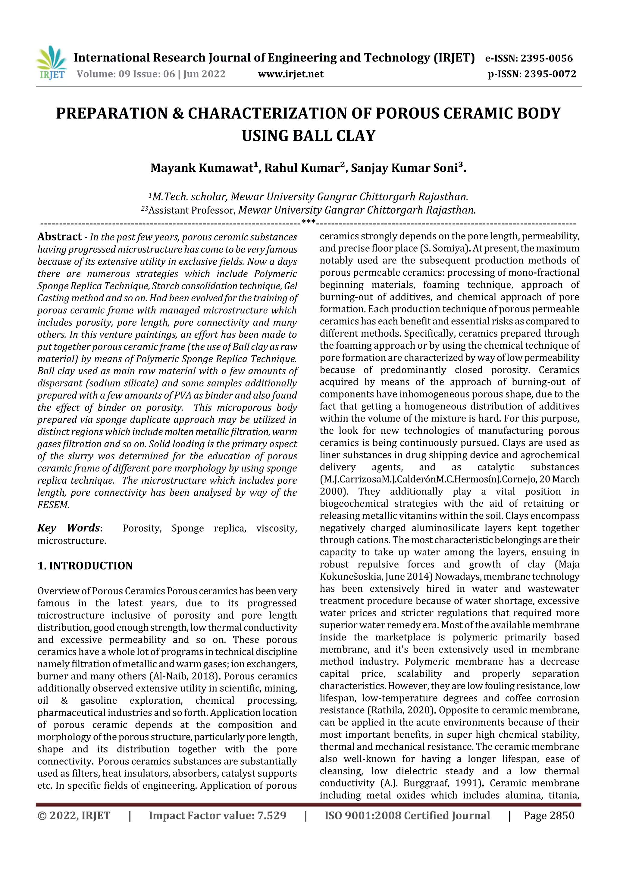 PREPARATION & CHARACTERIZATION OF POROUS CERAMIC BODY USING BALL CLAY | PDF