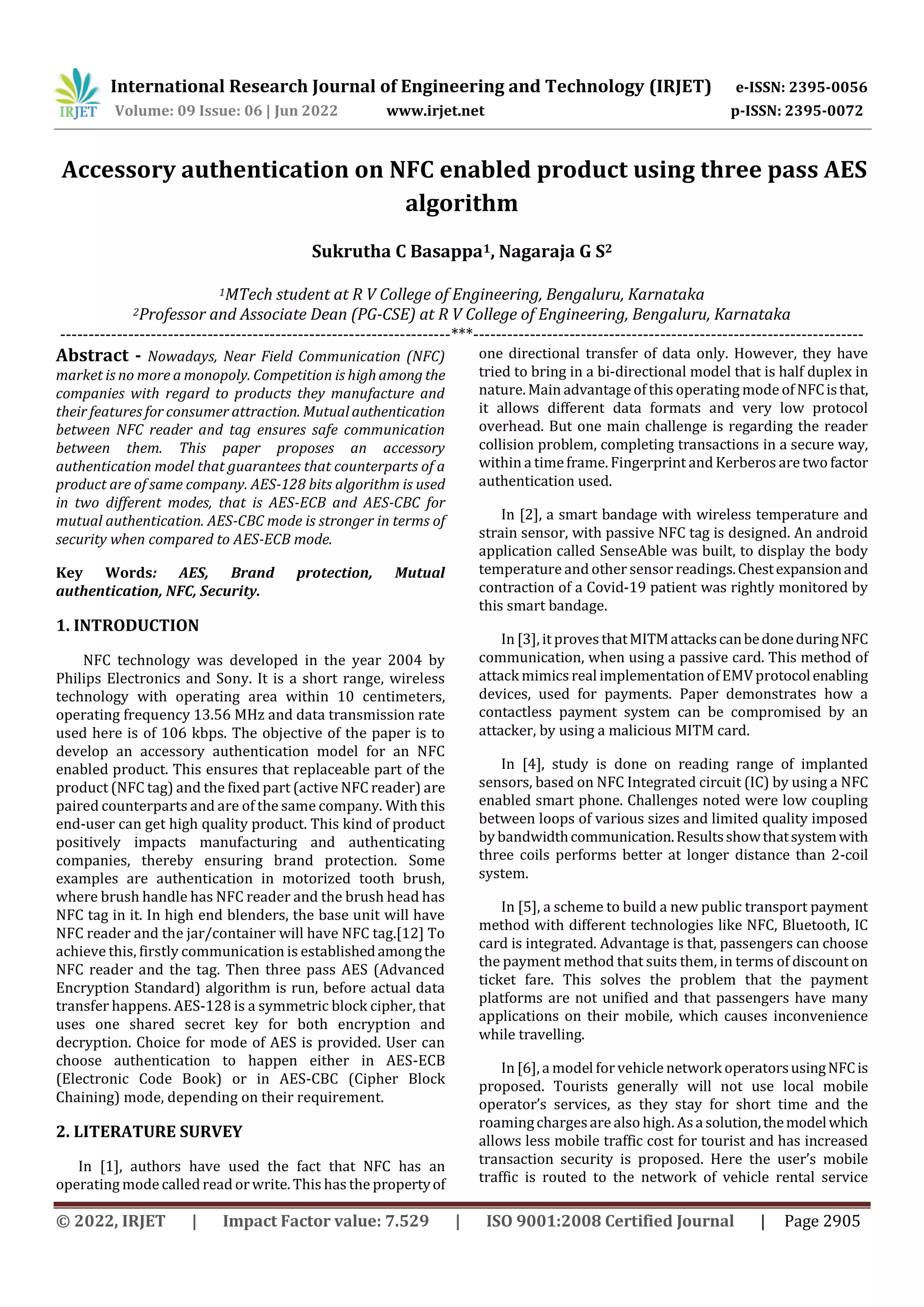Accessory authentication on NFC enabled product using three pass AES algorithm | PDF