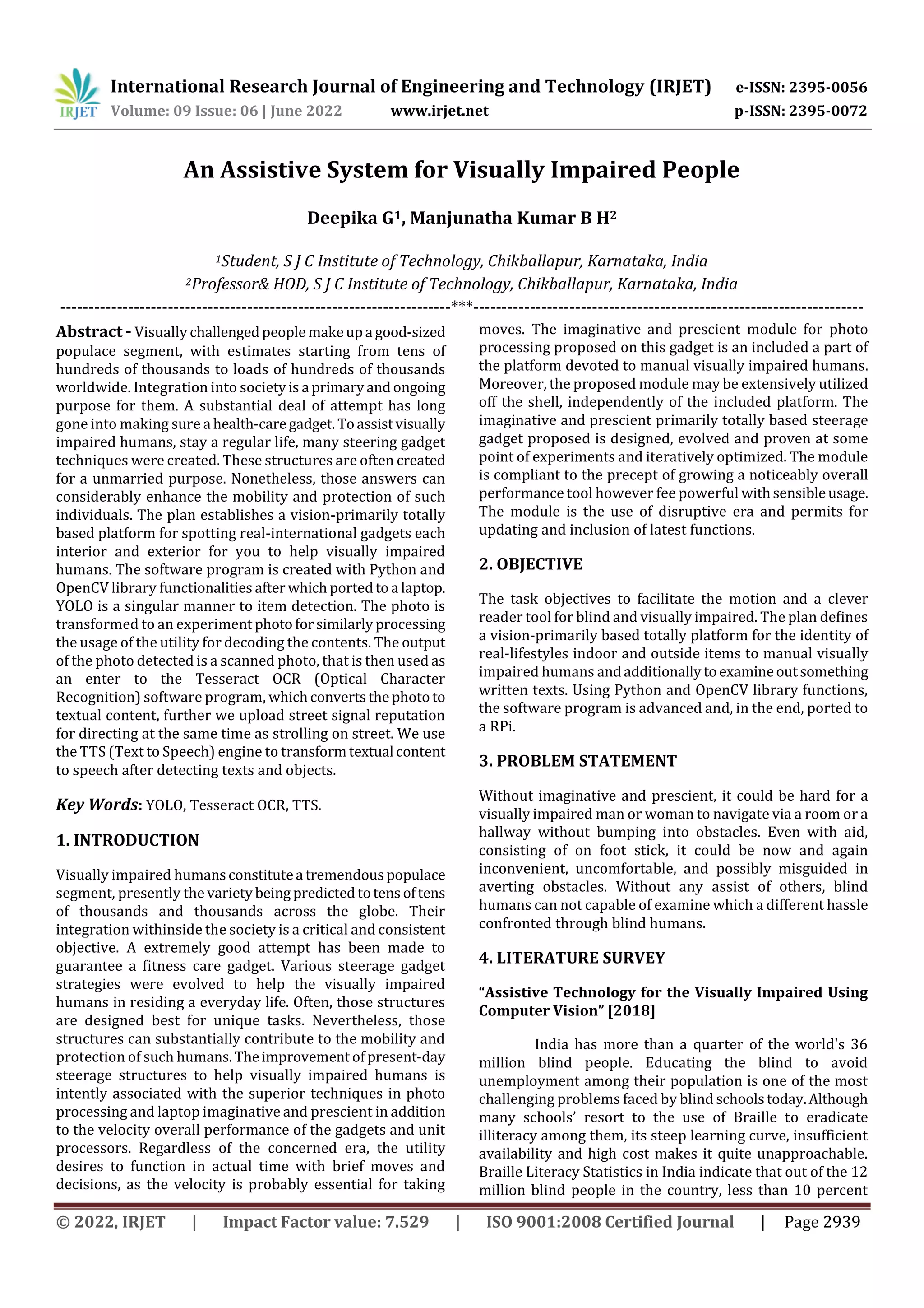 An Assistive System for Visually Impaired People | PDF