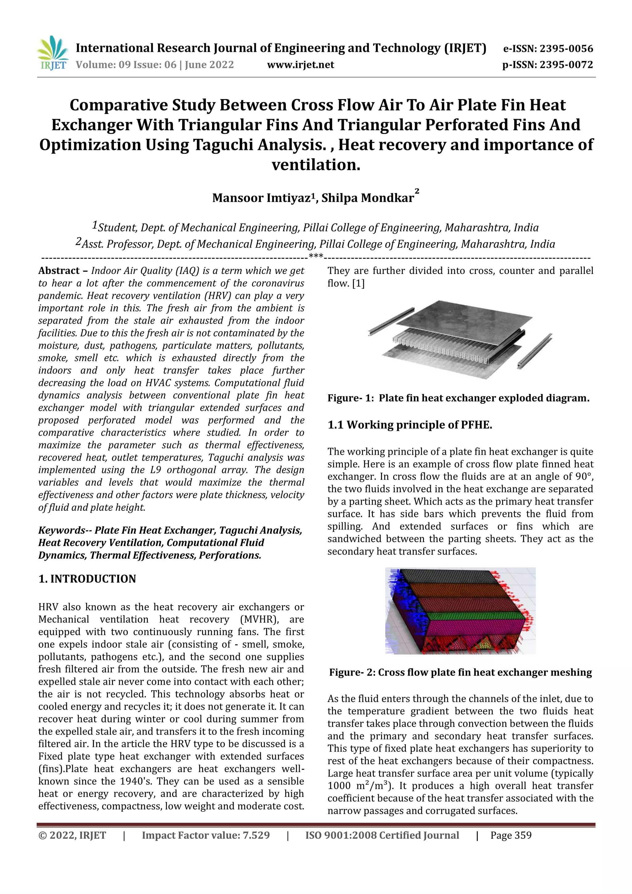 Comparative Study Between Cross Flow Air To Air Plate Fin Heat Exchanger With Triangular Fins ...