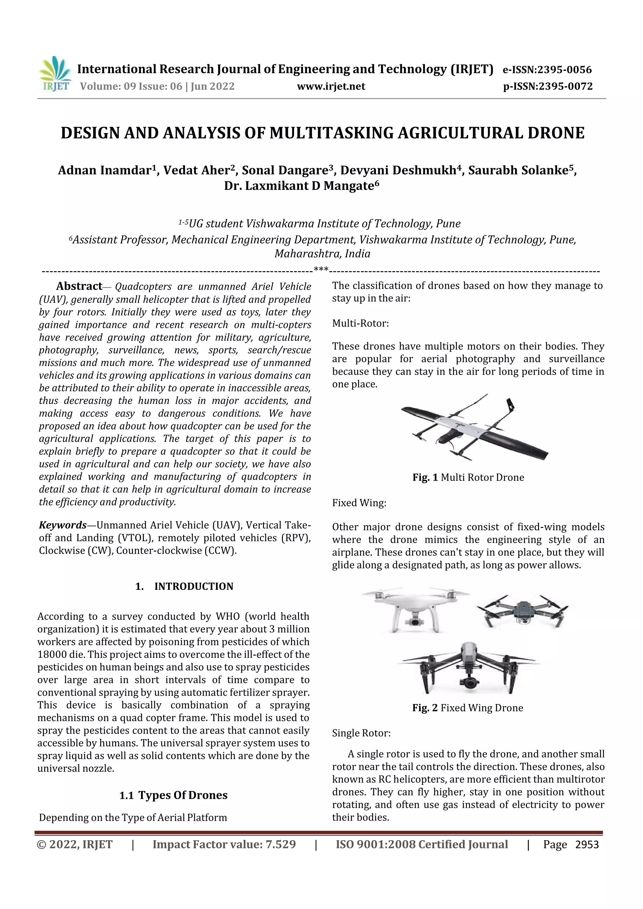 DESIGN AND ANALYSIS OF MULTITASKING AGRICULTURAL DRONE | PDF