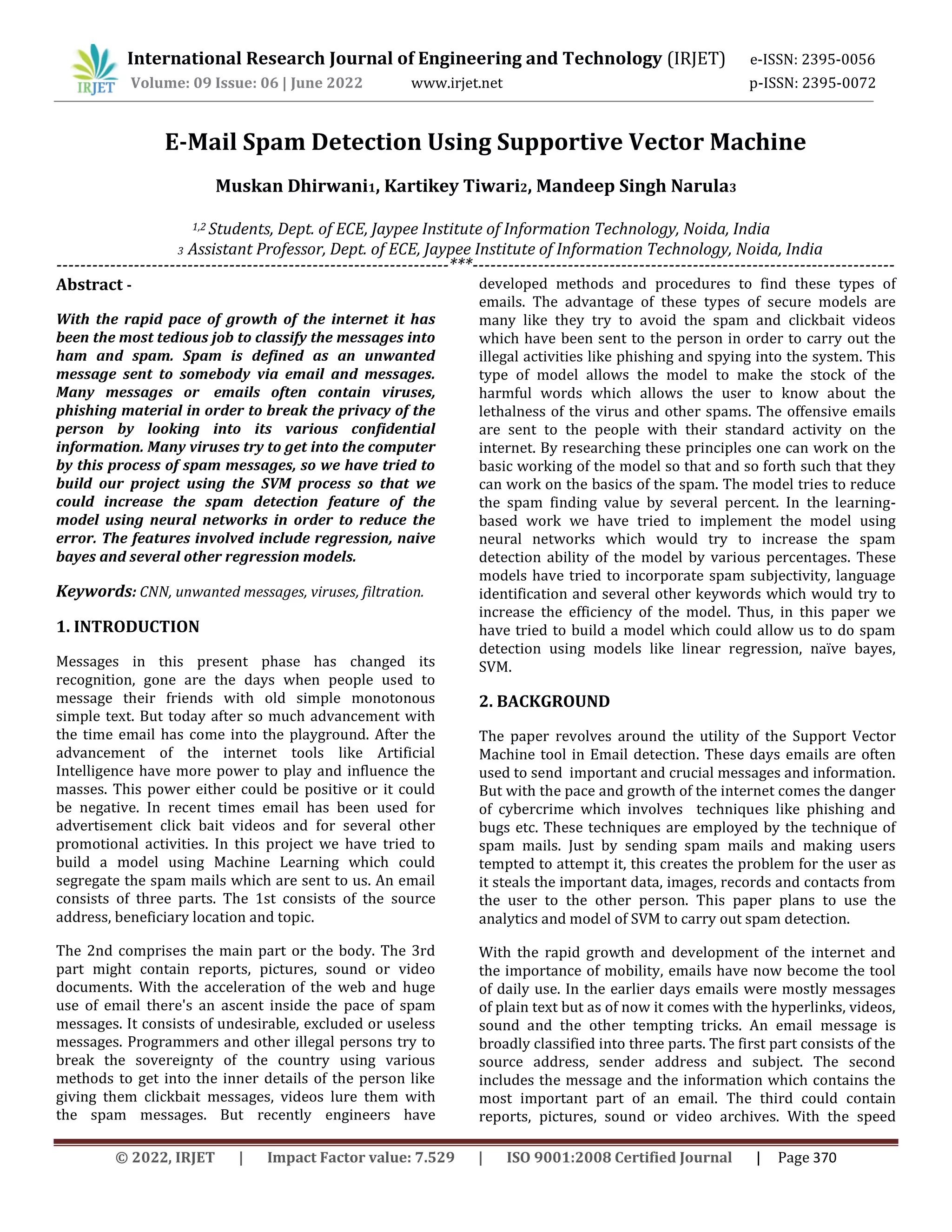 E-Mail Spam Detection Using Supportive Vector Machine | PDF