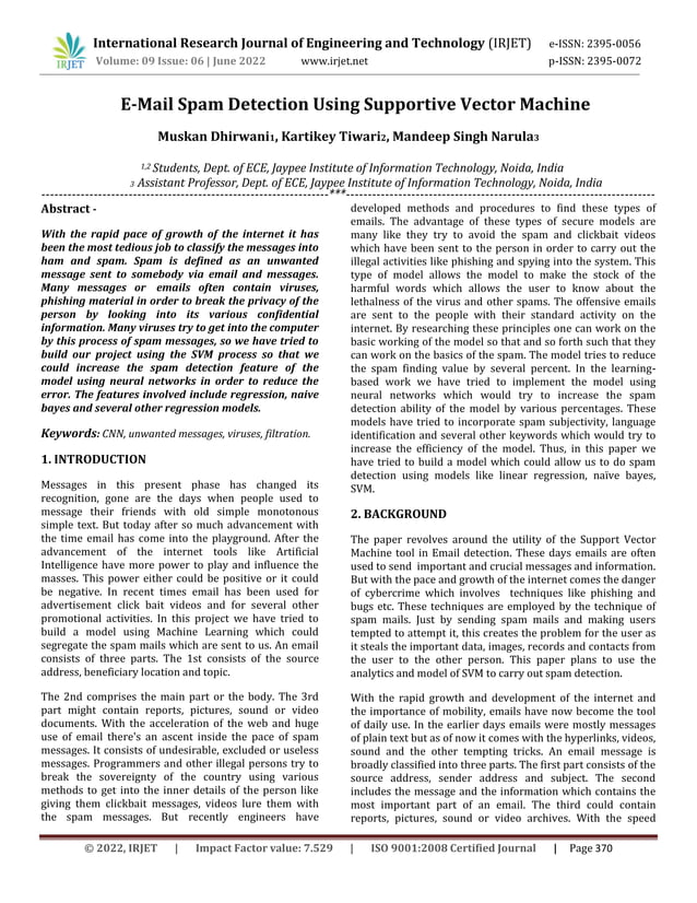 E-Mail Spam Detection Using Supportive Vector Machine | PDF
