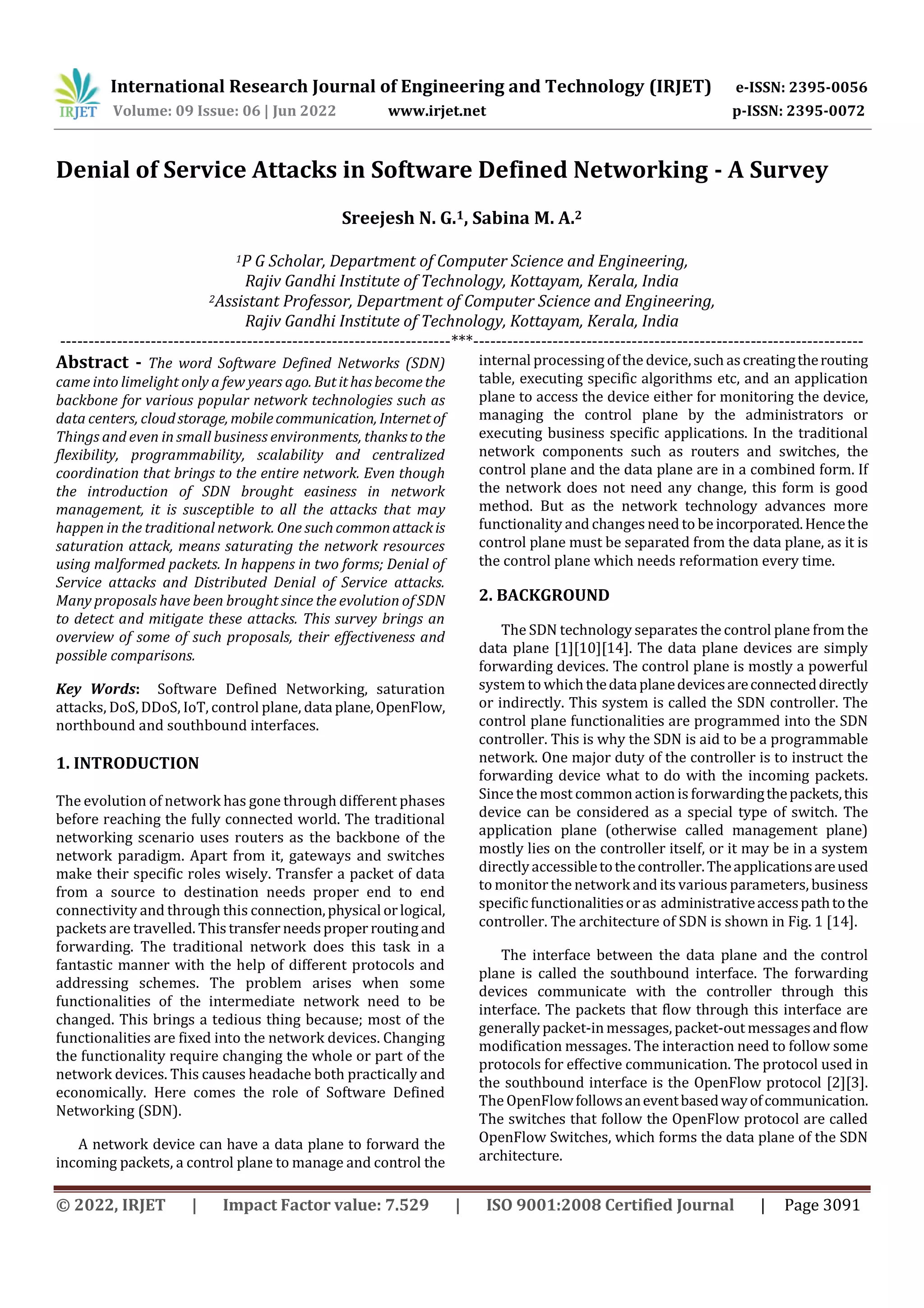 Denial of Service Attacks in Software Defined Networking - A Survey | PDF