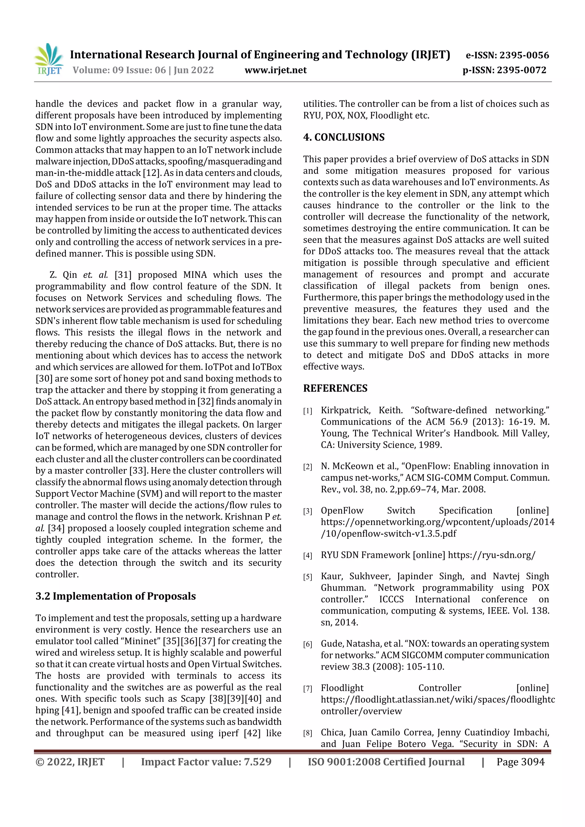 Denial of Service Attacks in Software Defined Networking - A Survey | PDF