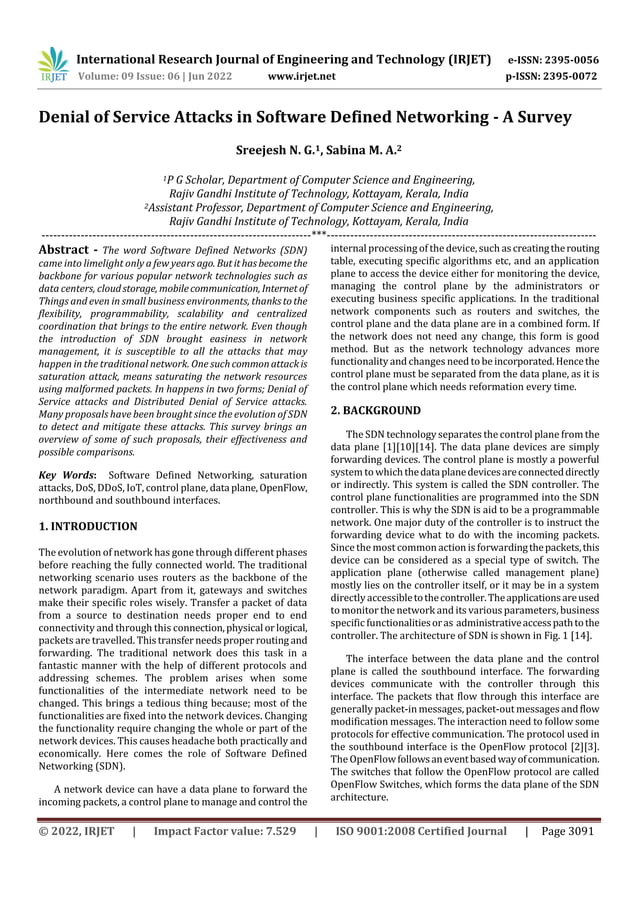 Denial of Service Attacks in Software Defined Networking - A Survey | PDF