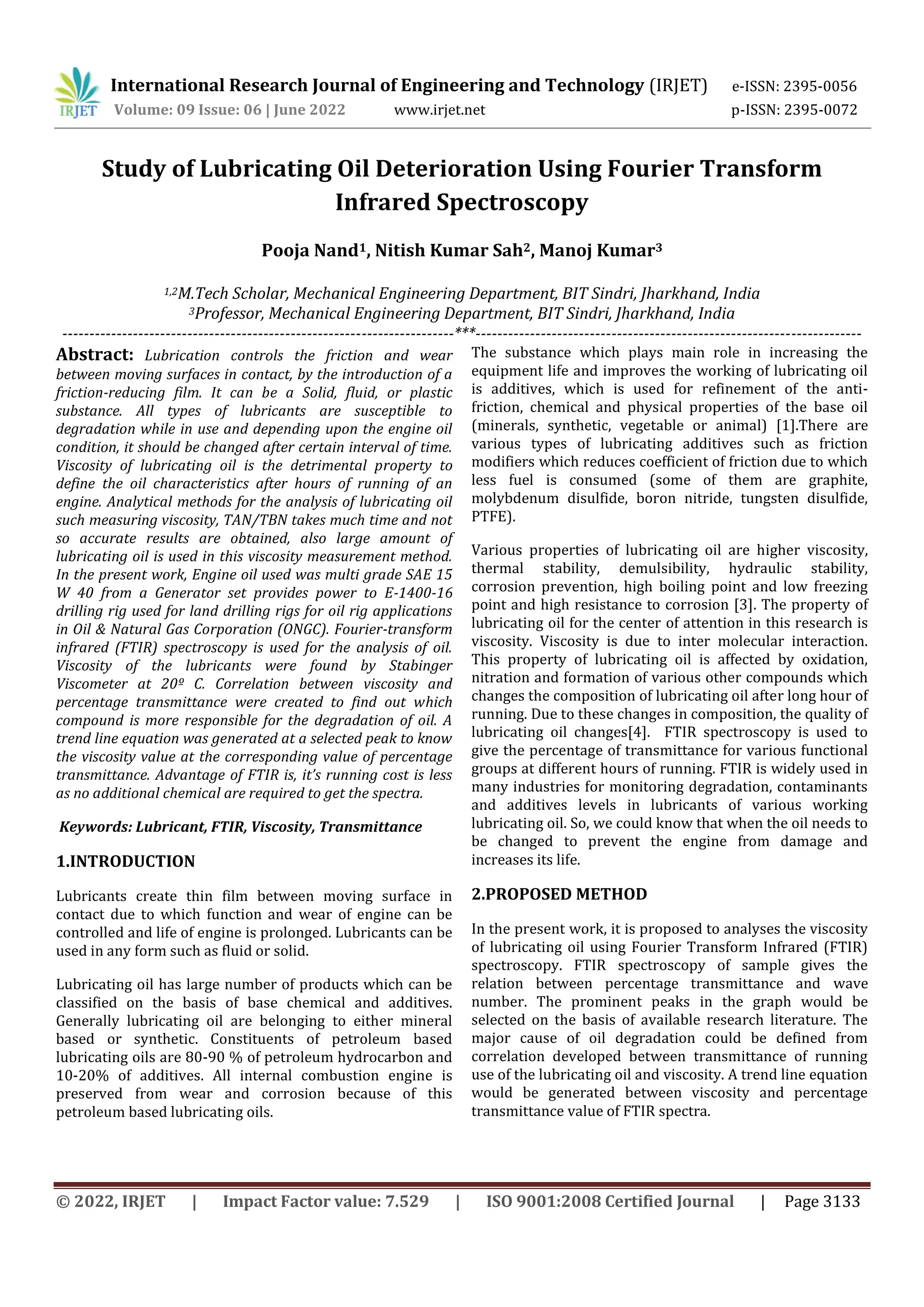 Study of Lubricating Oil Deterioration Using Fourier Transform Infrared Spectroscopy | PDF