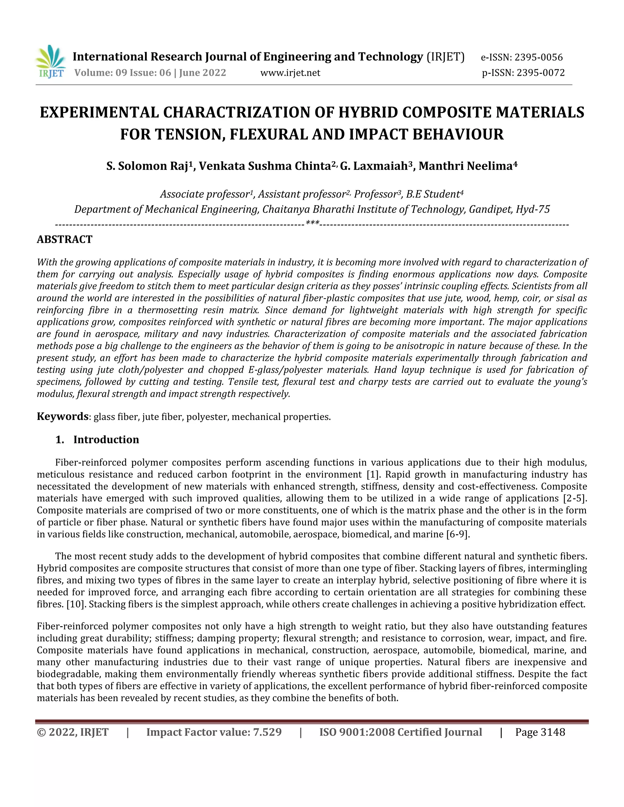 EXPERIMENTAL CHARACTRIZATION OF HYBRID COMPOSITE MATERIALS FOR TENSION, FLEXURAL AND IMPACT ...