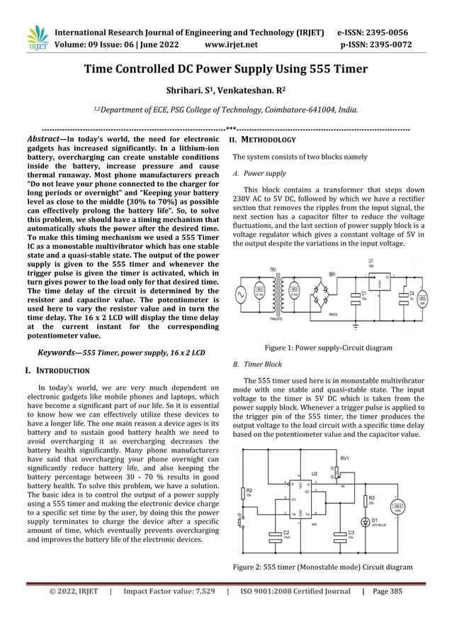 Time Controlled DC Power Supply Using 555 Timer | PDF