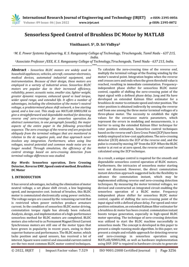 Sensorless Speed Control of Brushless DC Motor by MATLAB | PDF