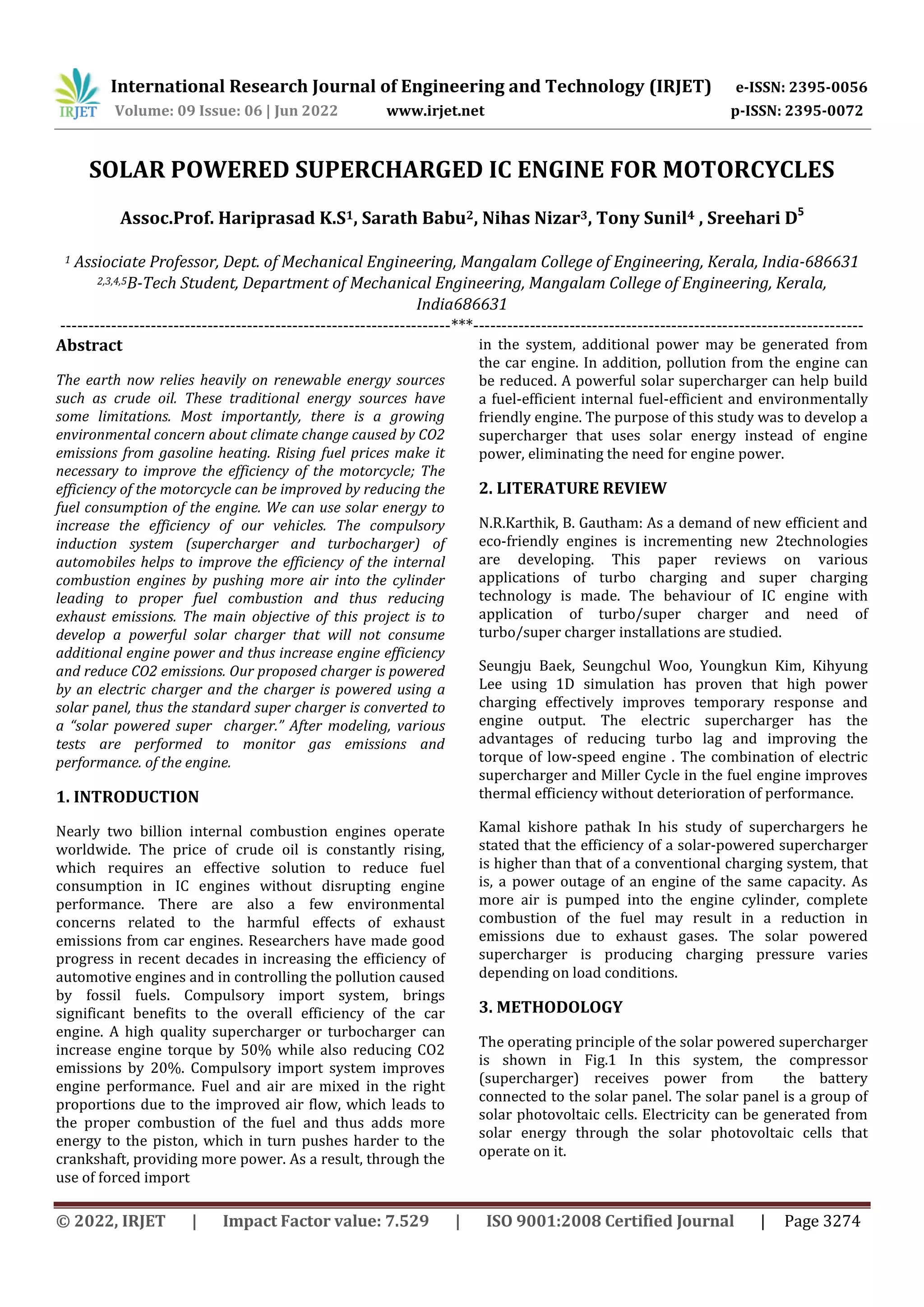 SOLAR POWERED SUPERCHARGED IC ENGINE FOR MOTORCYCLES | PDF