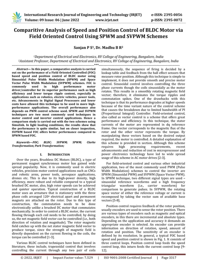 Comparitive Analysis of Speed and Position Control of BLDC Motor via Field Oriented Control ...