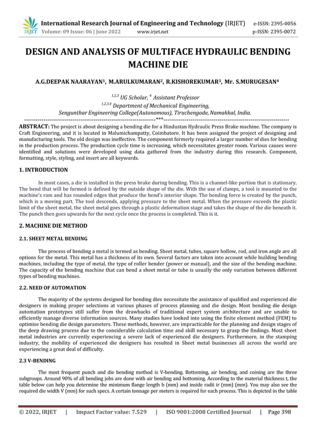 DESIGN AND ANALYSIS OF MULTIFACE HYDRAULIC BENDING MACHINE DIE | PDF