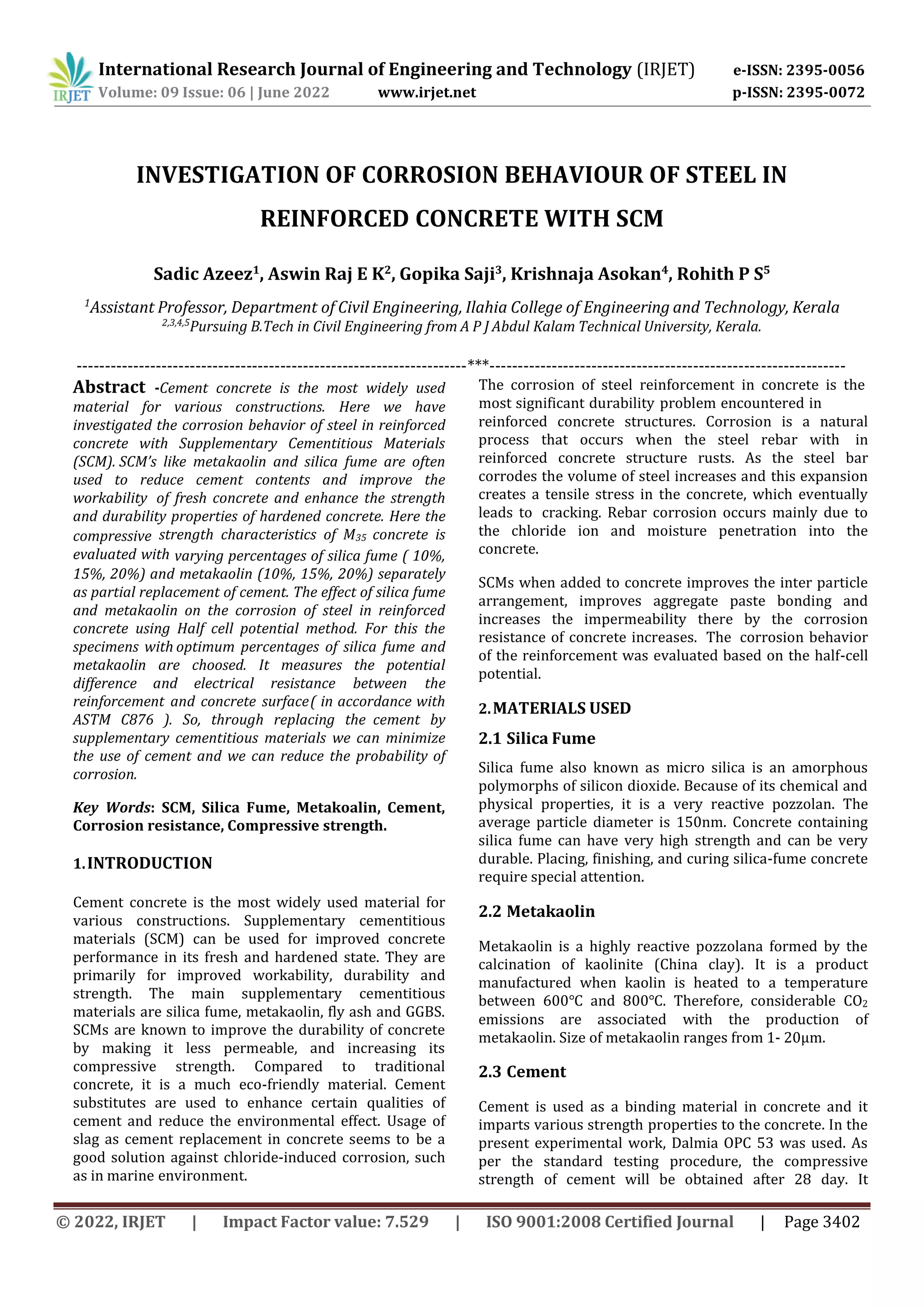 INVESTIGATION OF CORROSION BEHAVIOUR OF STEEL IN REINFORCED CONCRETE ...