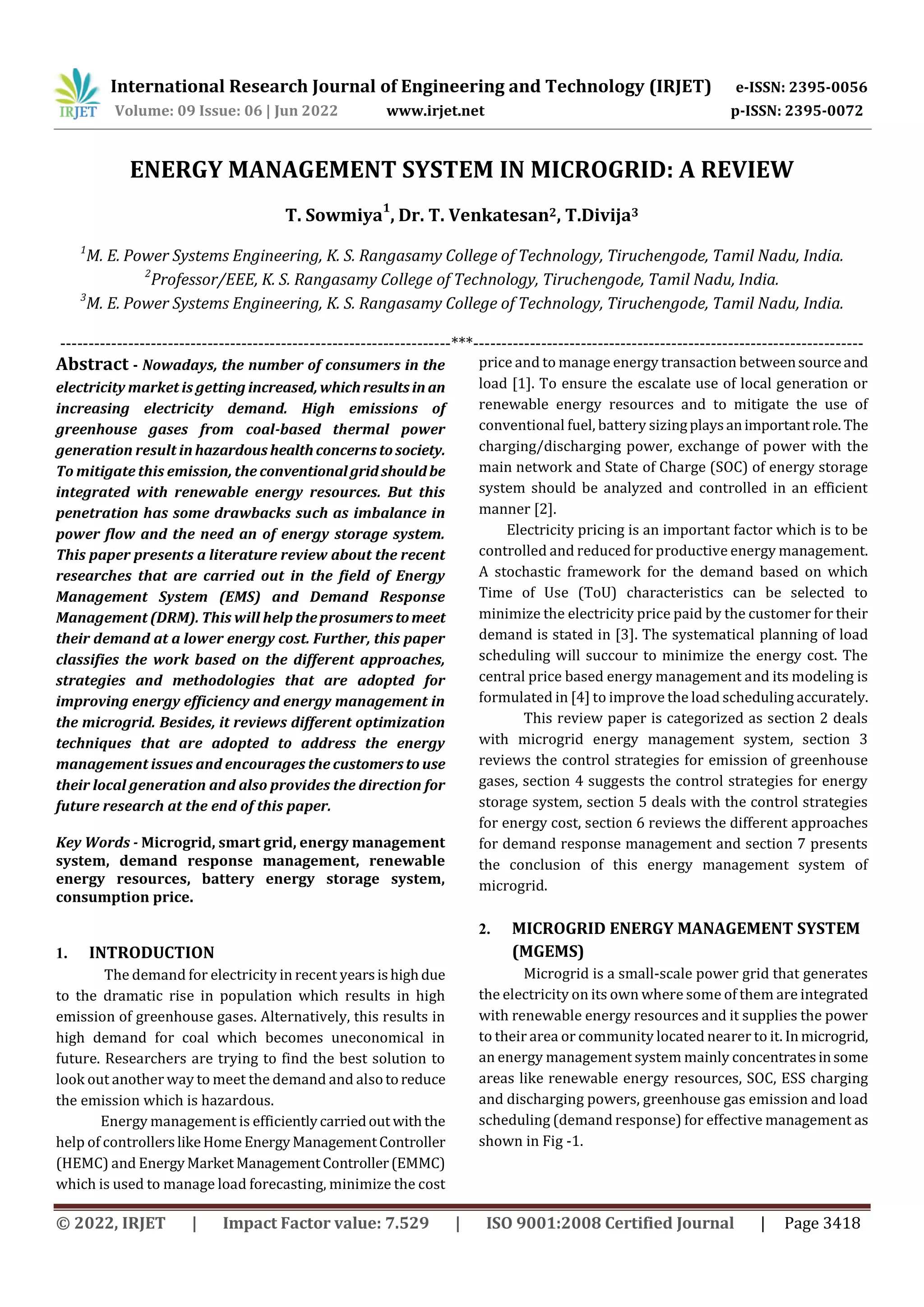 ENERGY MANAGEMENT SYSTEM IN MICROGRID: A REVIEW | PDF | Gas and Electric | Home Utilities