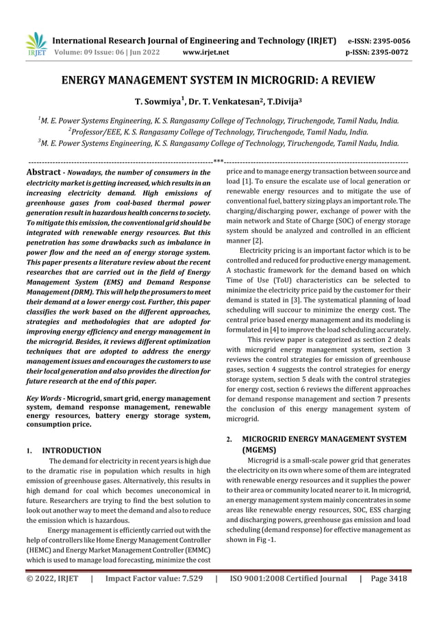ENERGY MANAGEMENT SYSTEM IN MICROGRID: A REVIEW | PDF