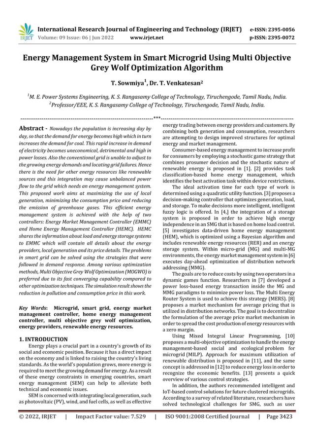 Energy Management System in Smart Microgrid Using Multi Objective Grey Wolf Optimization ...