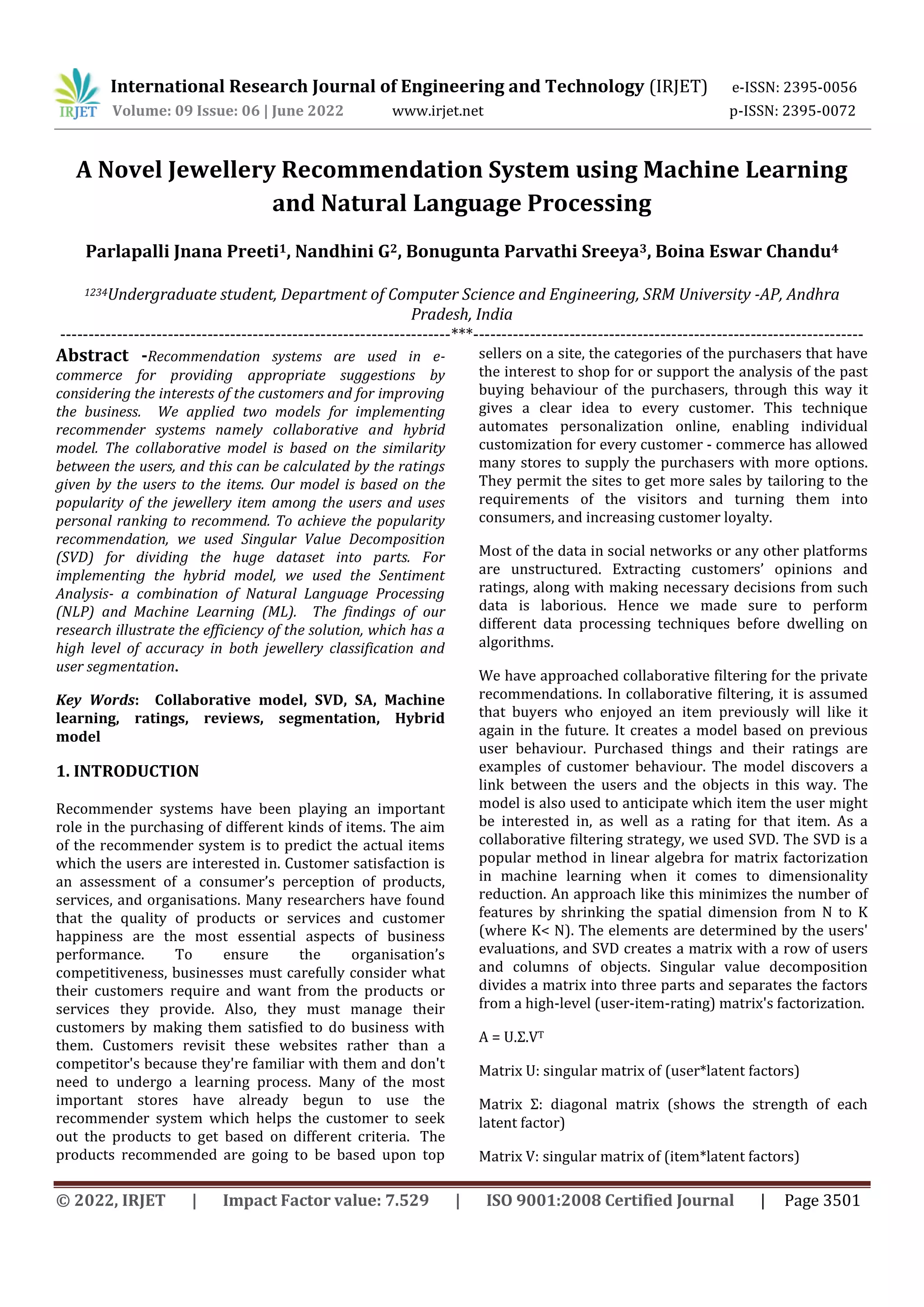 A Novel Jewellery Recommendation System using Machine Learning and Natural Language Processing ...