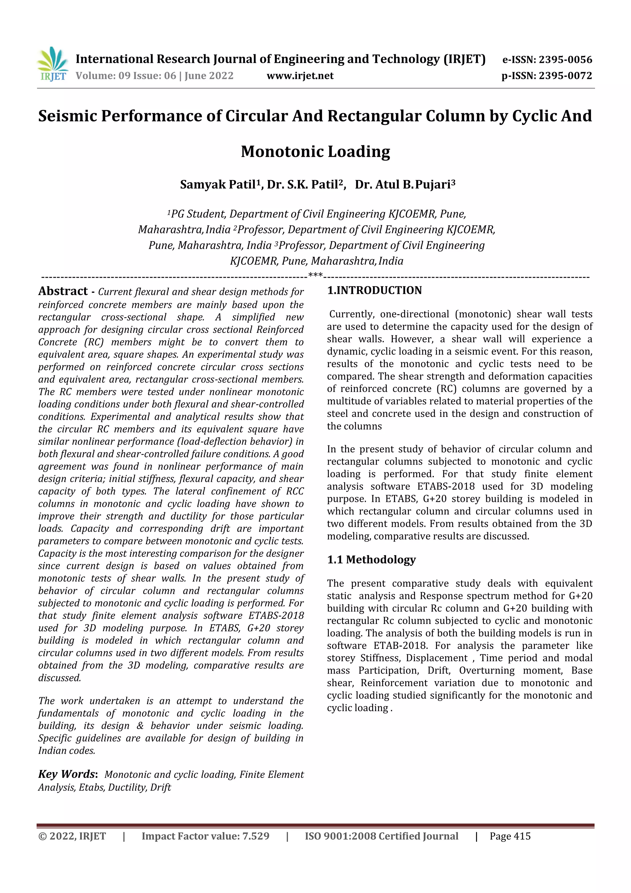 Seismic Performance of Circular And Rectangular Column by Cyclic And Monotonic Loading | PDF