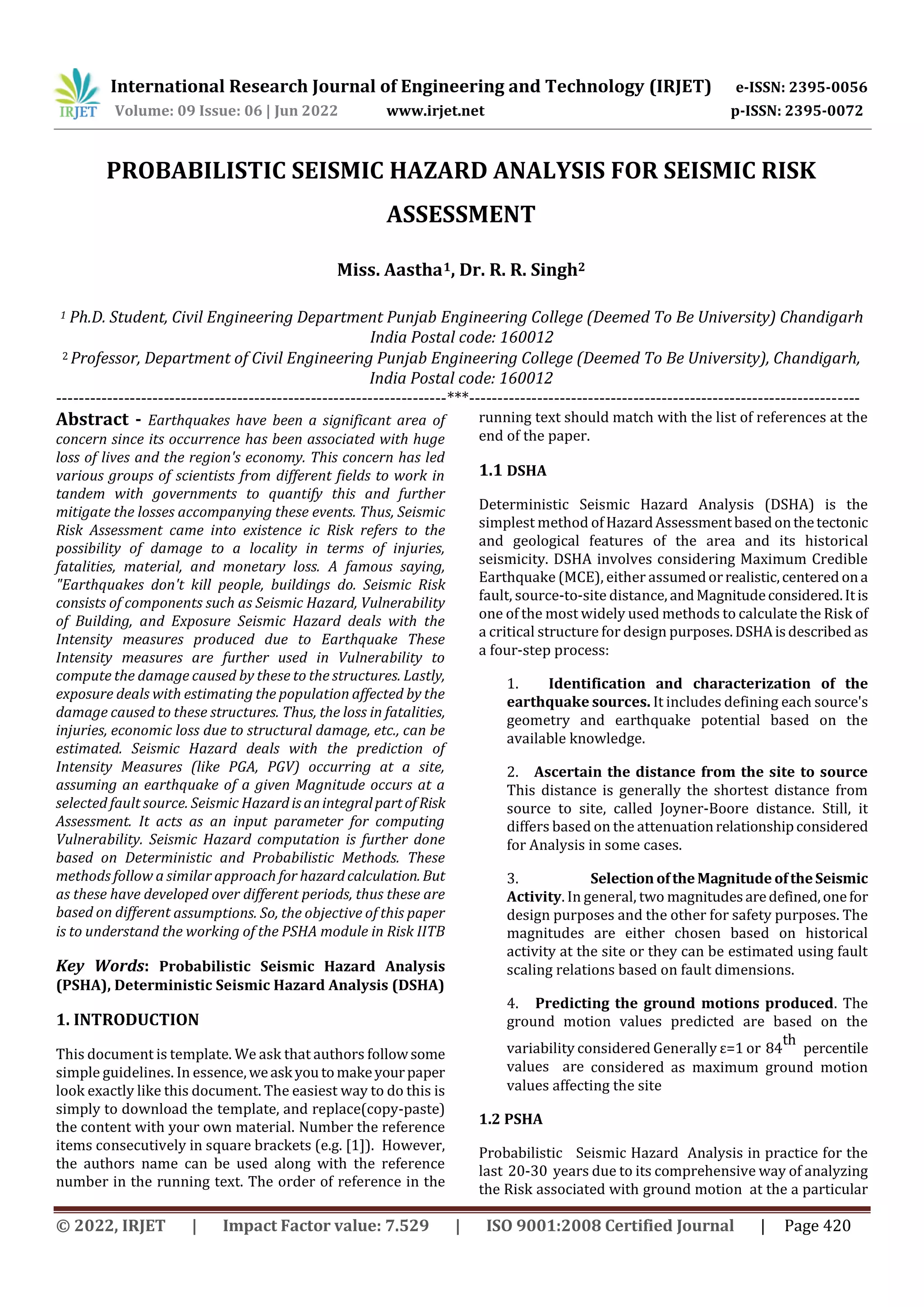 PROBABILISTIC SEISMIC HAZARD ANALYSIS FOR SEISMIC RISK ASSESSMENT | PDF