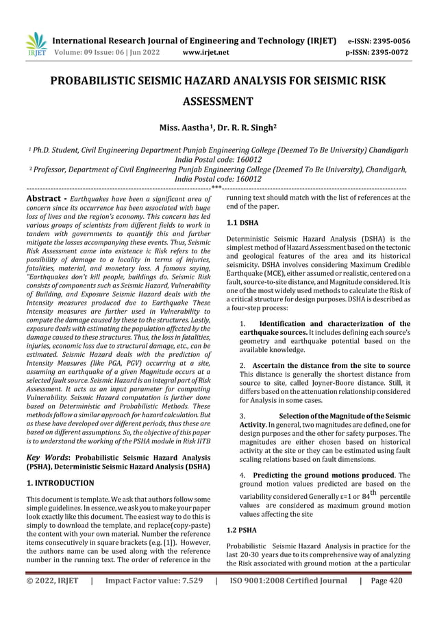 PROBABILISTIC SEISMIC HAZARD ANALYSIS FOR SEISMIC RISK ASSESSMENT | PDF