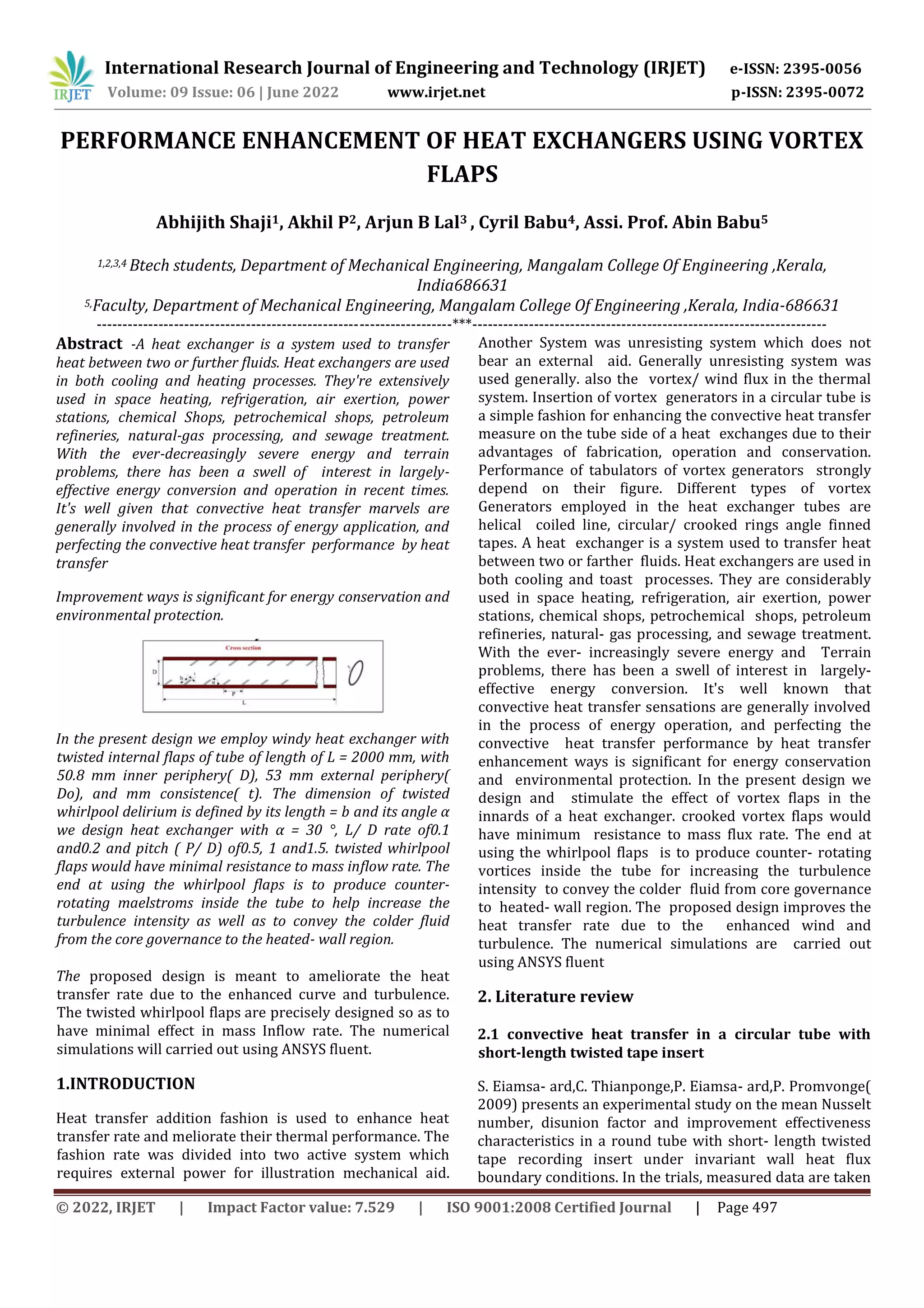 PERFORMANCE ENHANCEMENT OF HEAT EXCHANGERS USING VORTEX FLAPS | PDF