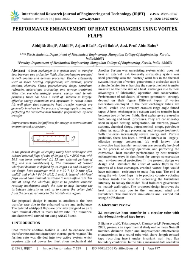PERFORMANCE ENHANCEMENT OF HEAT EXCHANGERS USING VORTEX FLAPS | PDF
