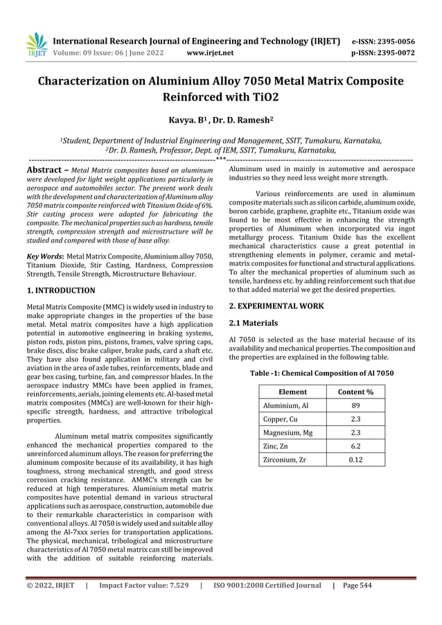 Characterization on Aluminium Alloy 7050 Metal Matrix Composite Reinforced with TiO2 | PDF