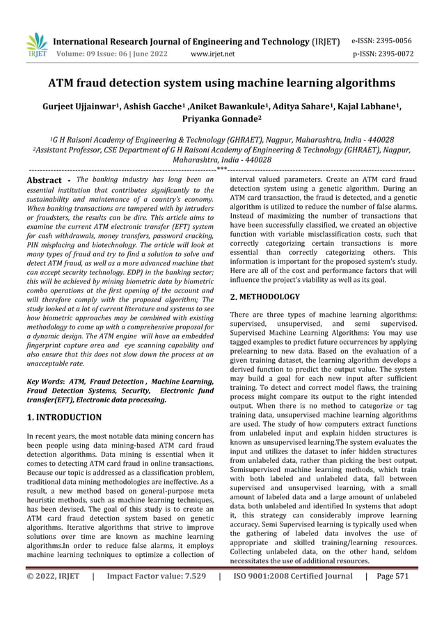 ATM fraud detection system using machine learning algorithms | PDF
