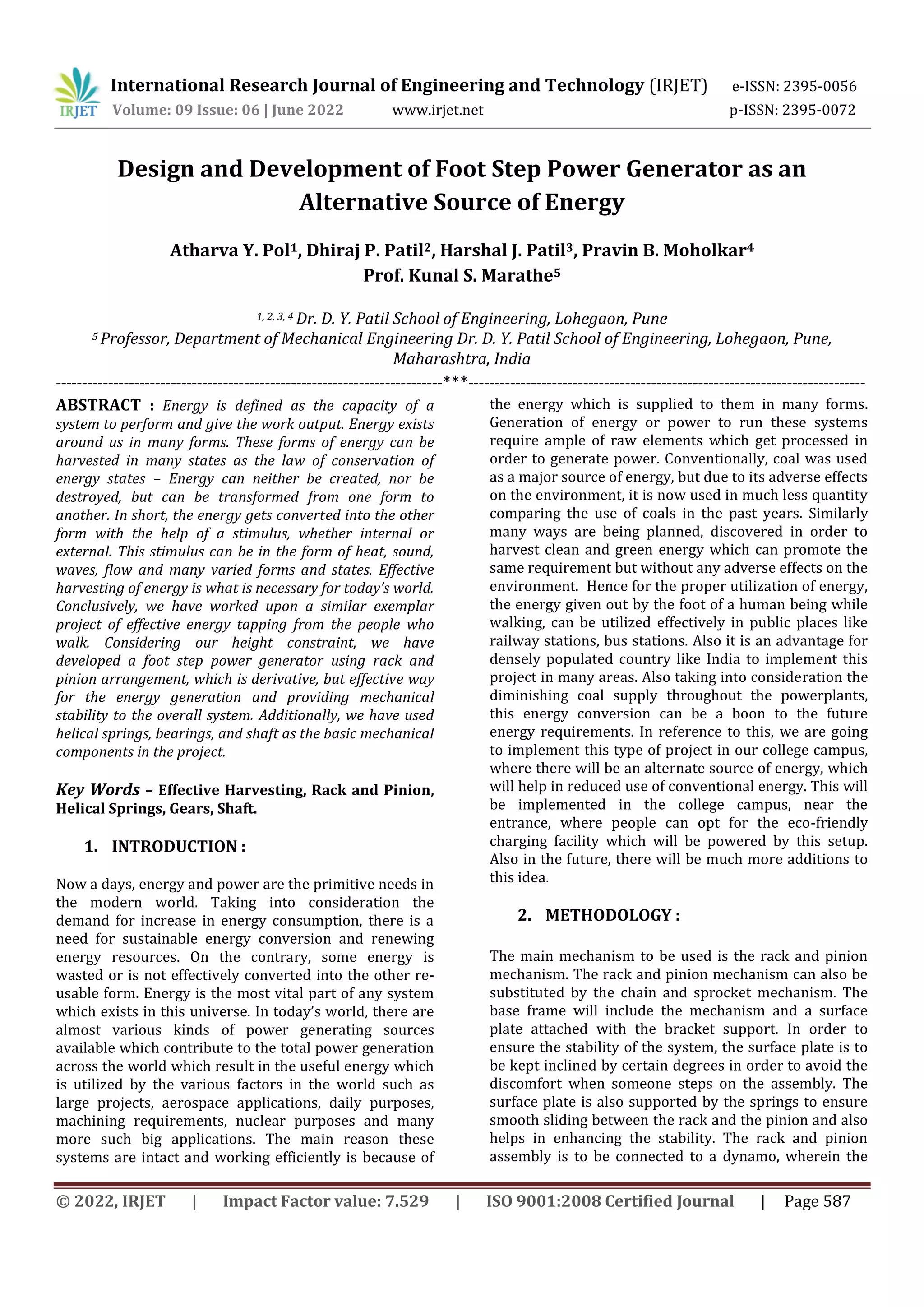 Design and Development of Foot Step Power Generator as an Alternative ...