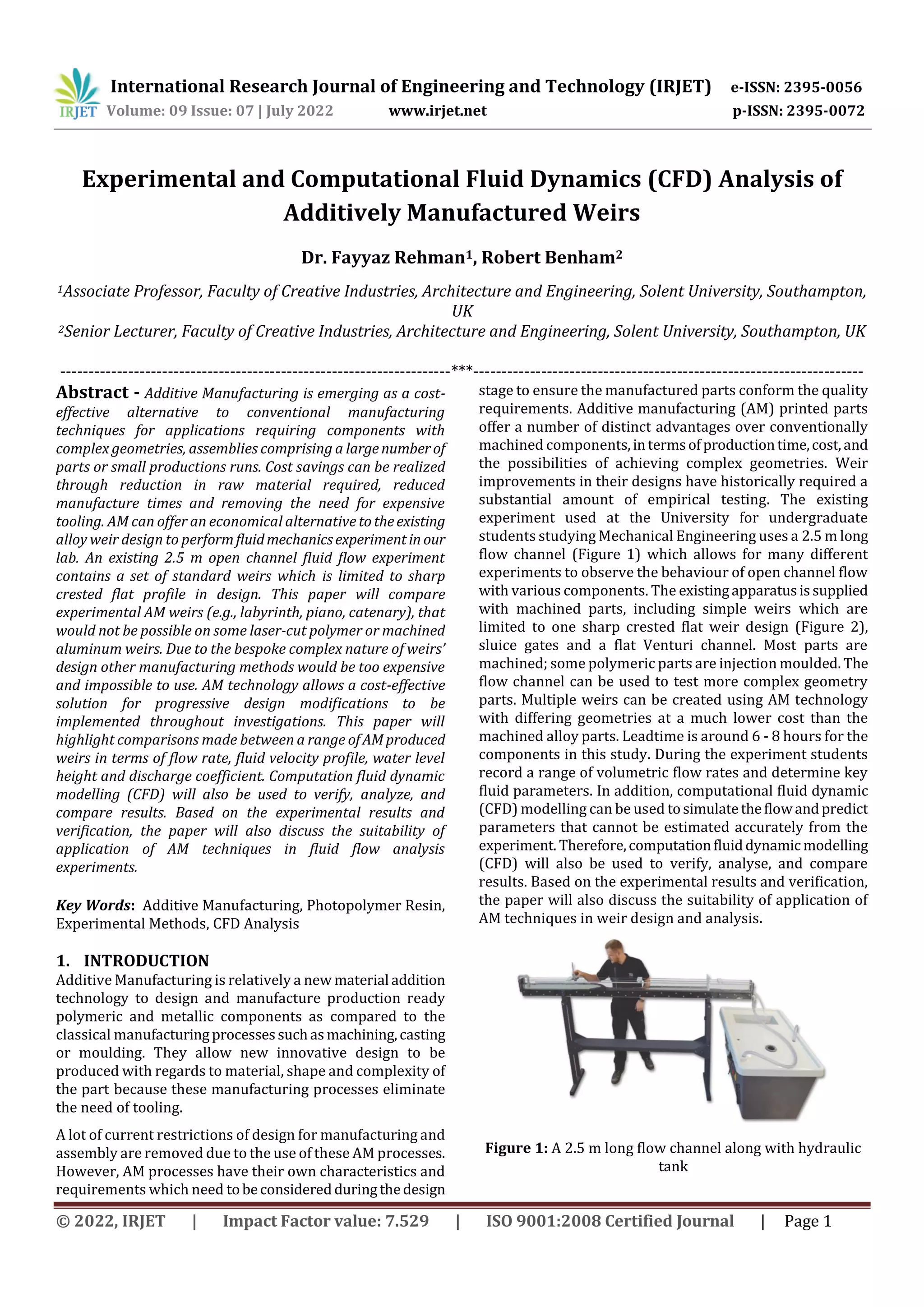 Experimental and Computational Fluid Dynamics (CFD) Analysis of Additively Manufactured Weirs | PDF