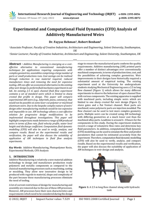 Experimental and Computational Fluid Dynamics (CFD) Analysis of Additively Manufactured Weirs | PDF