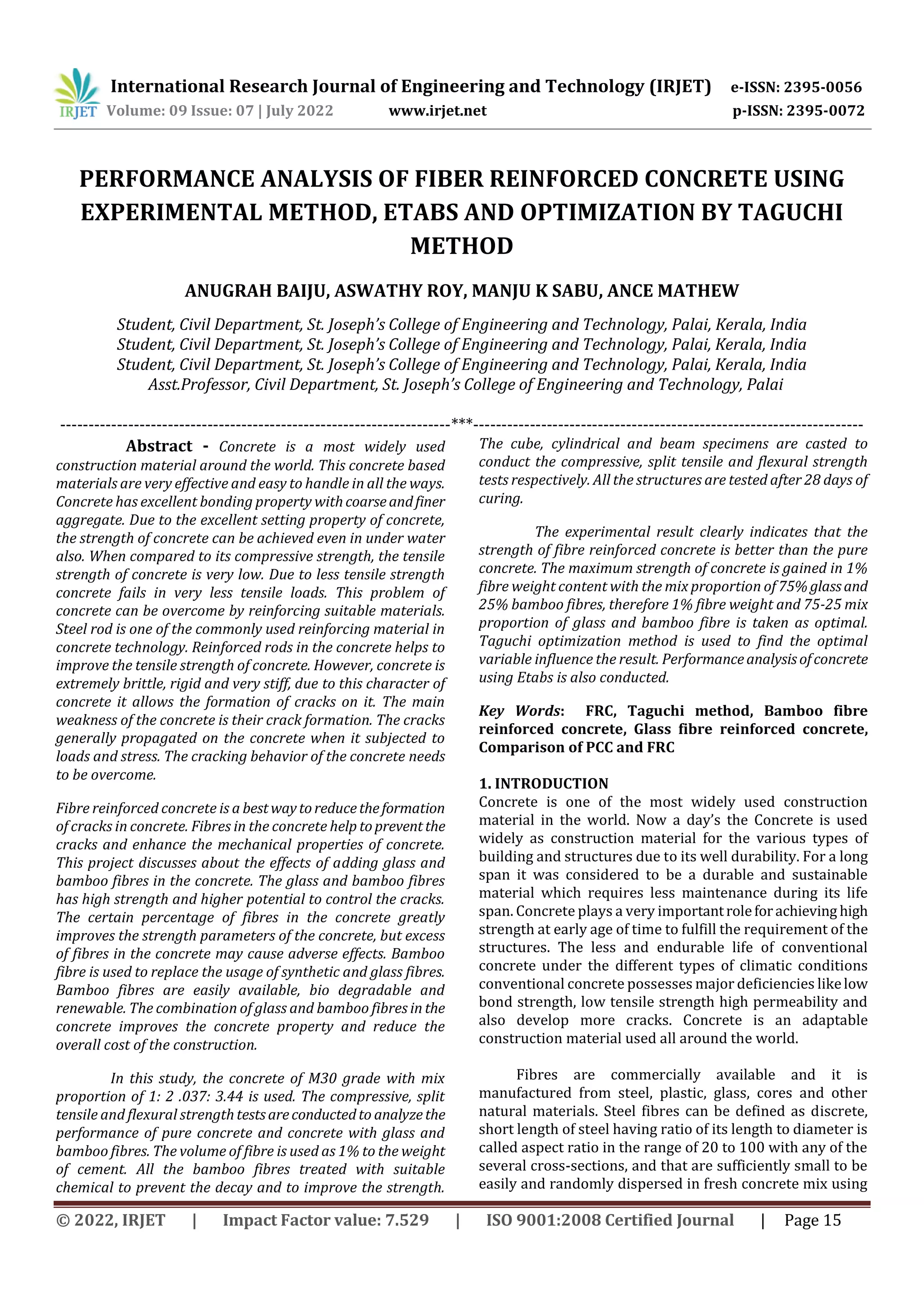 PERFORMANCE ANALYSIS OF FIBER REINFORCED CONCRETE USING EXPERIMENTAL METHOD, ETABS AND ...