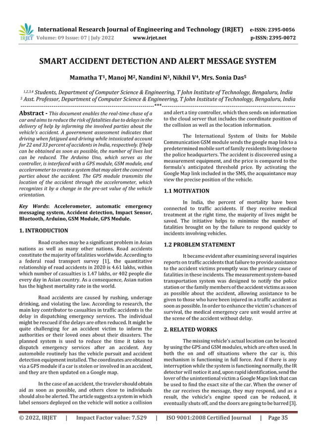 SMART ACCIDENT DETECTION AND ALERT MESSAGE SYSTEM | PDF | Injuries ...