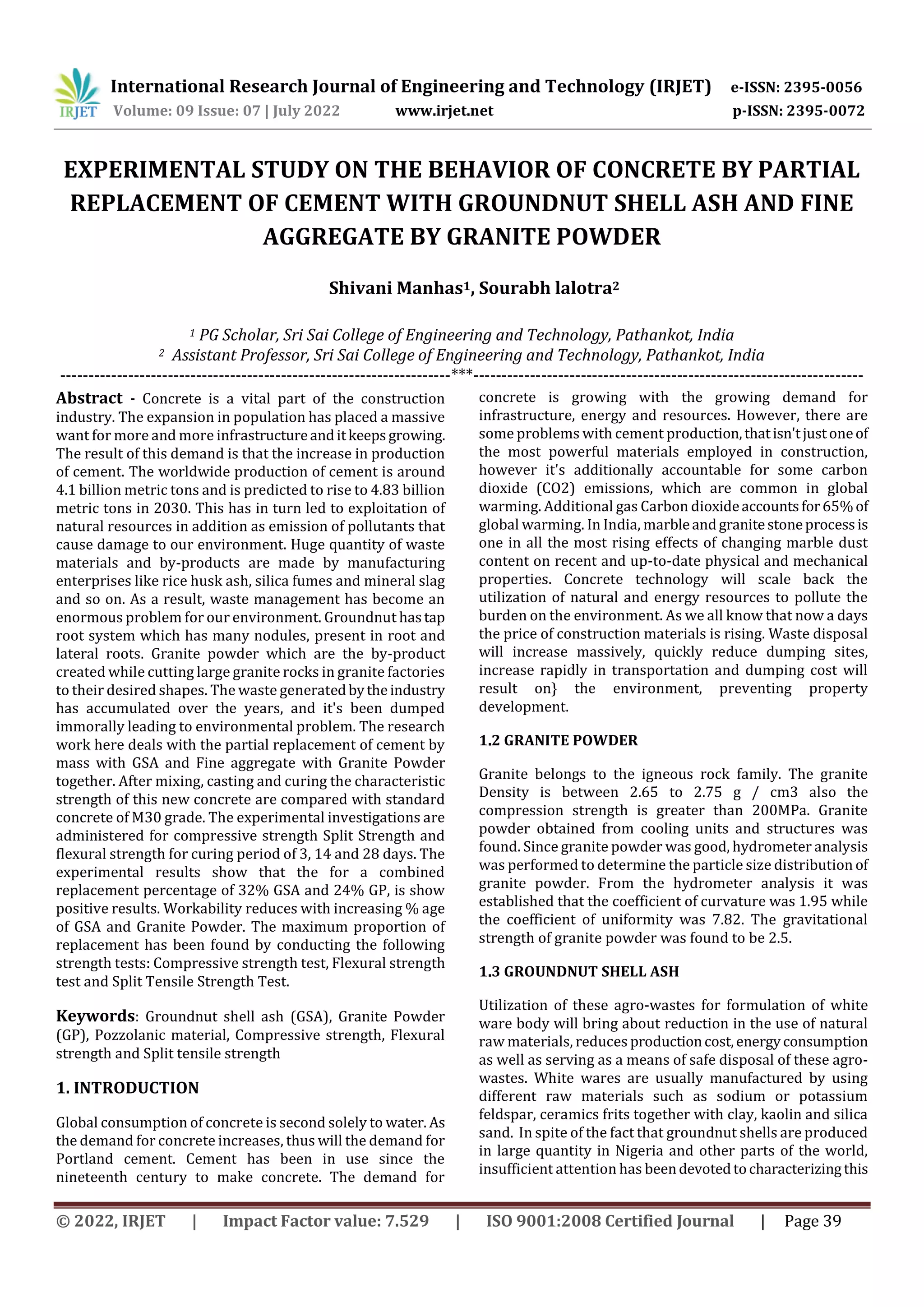EXPERIMENTAL STUDY ON THE BEHAVIOR OF CONCRETE BY PARTIAL REPLACEMENT OF CEMENT WITH GROUNDNUT ...