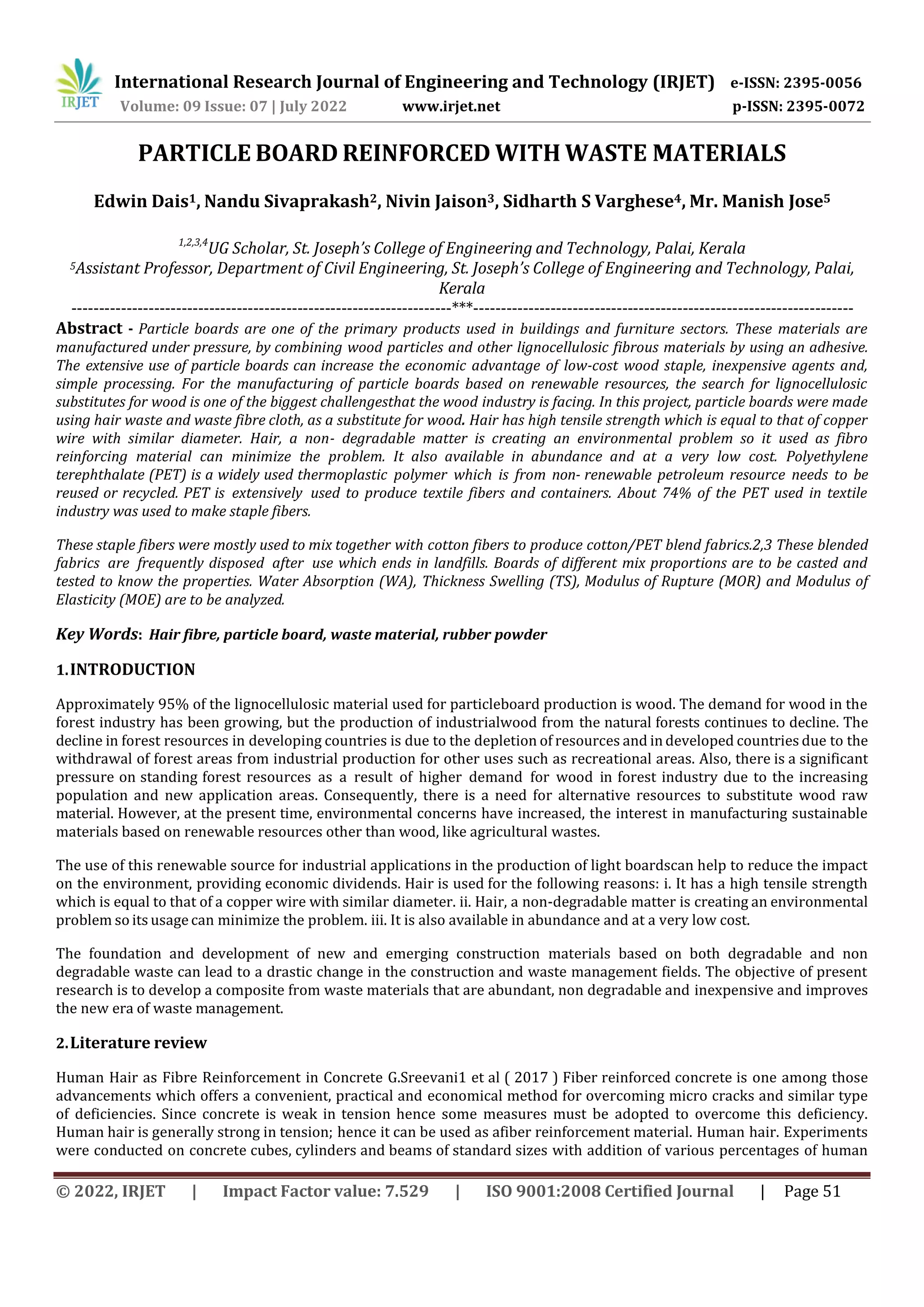 PARTICLE BOARD REINFORCED WITH WASTE MATERIALS | PDF